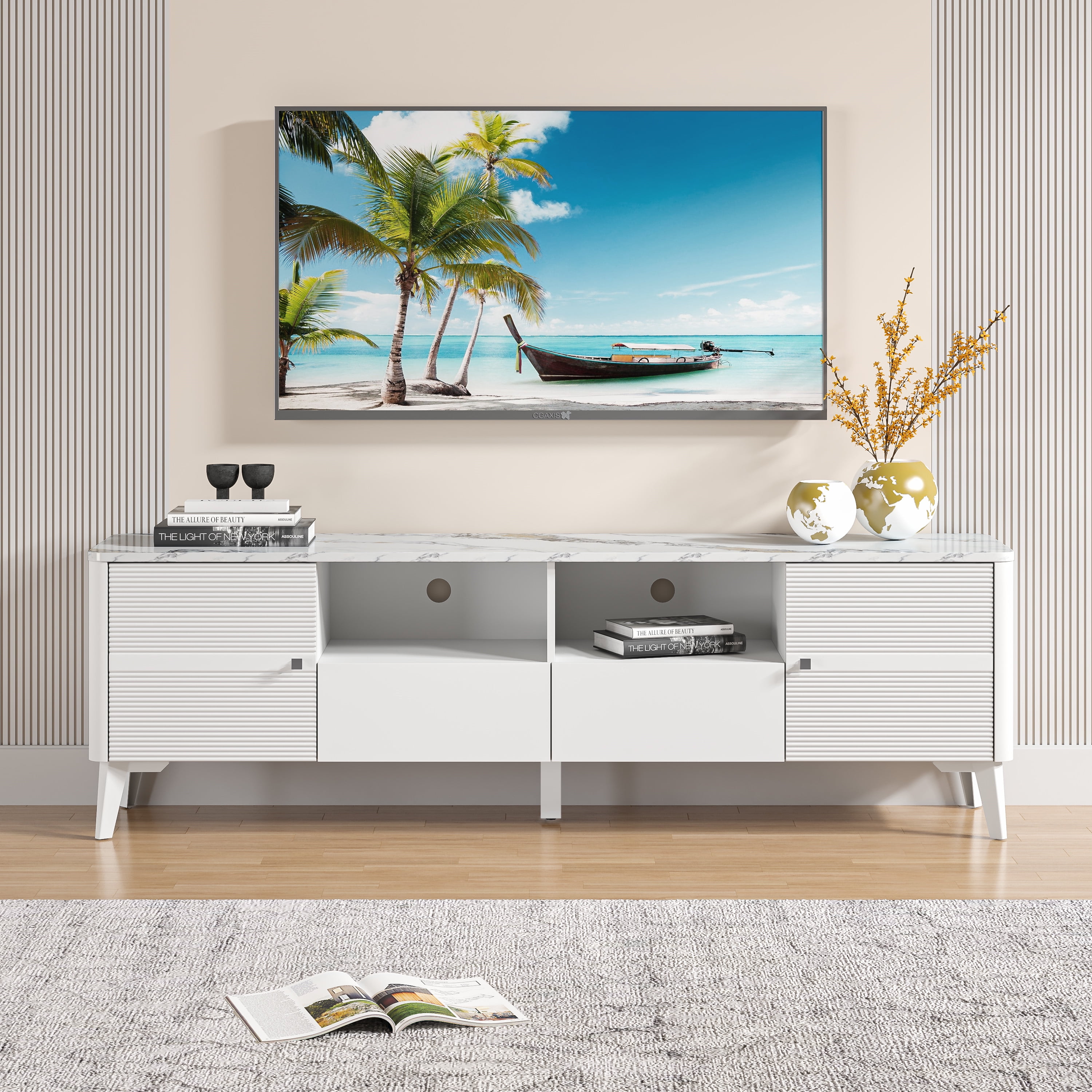 FESTIVO Stylish 70-Inch TV Stand with Marble-Printed Top - White ...