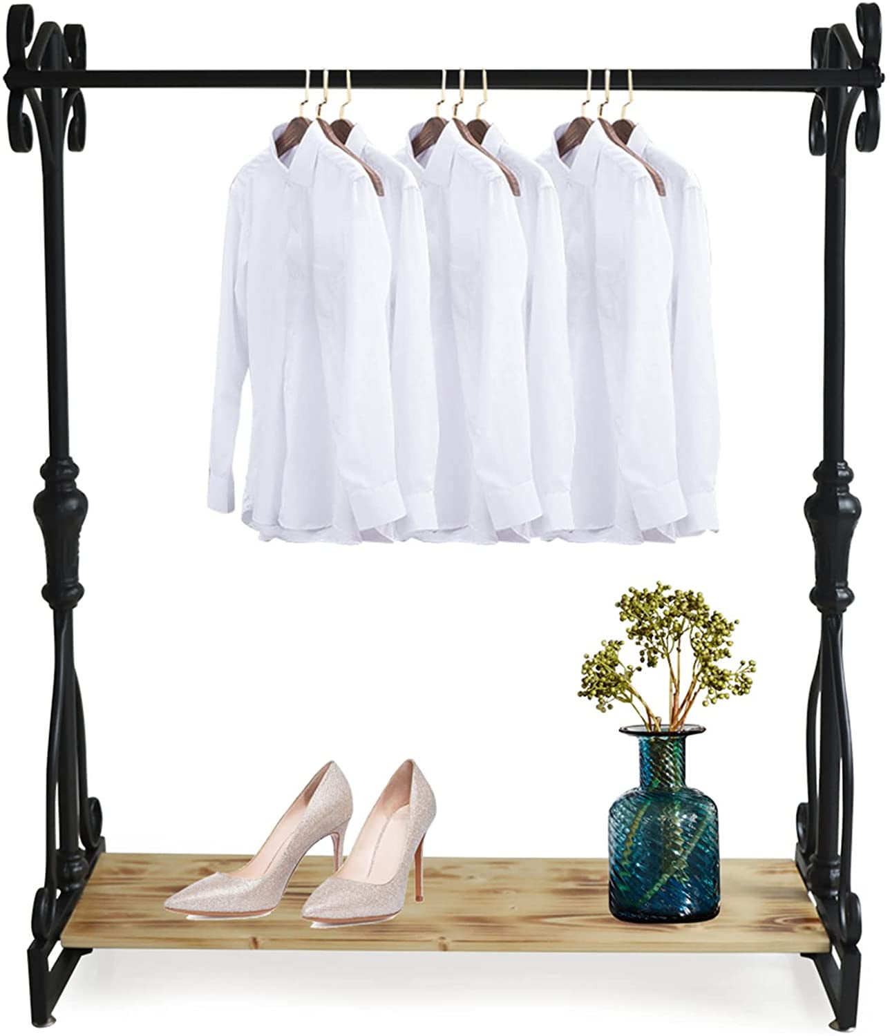 FETCOI 1.5m Height Black Garment Rack with Wood Board Stand Iron ...