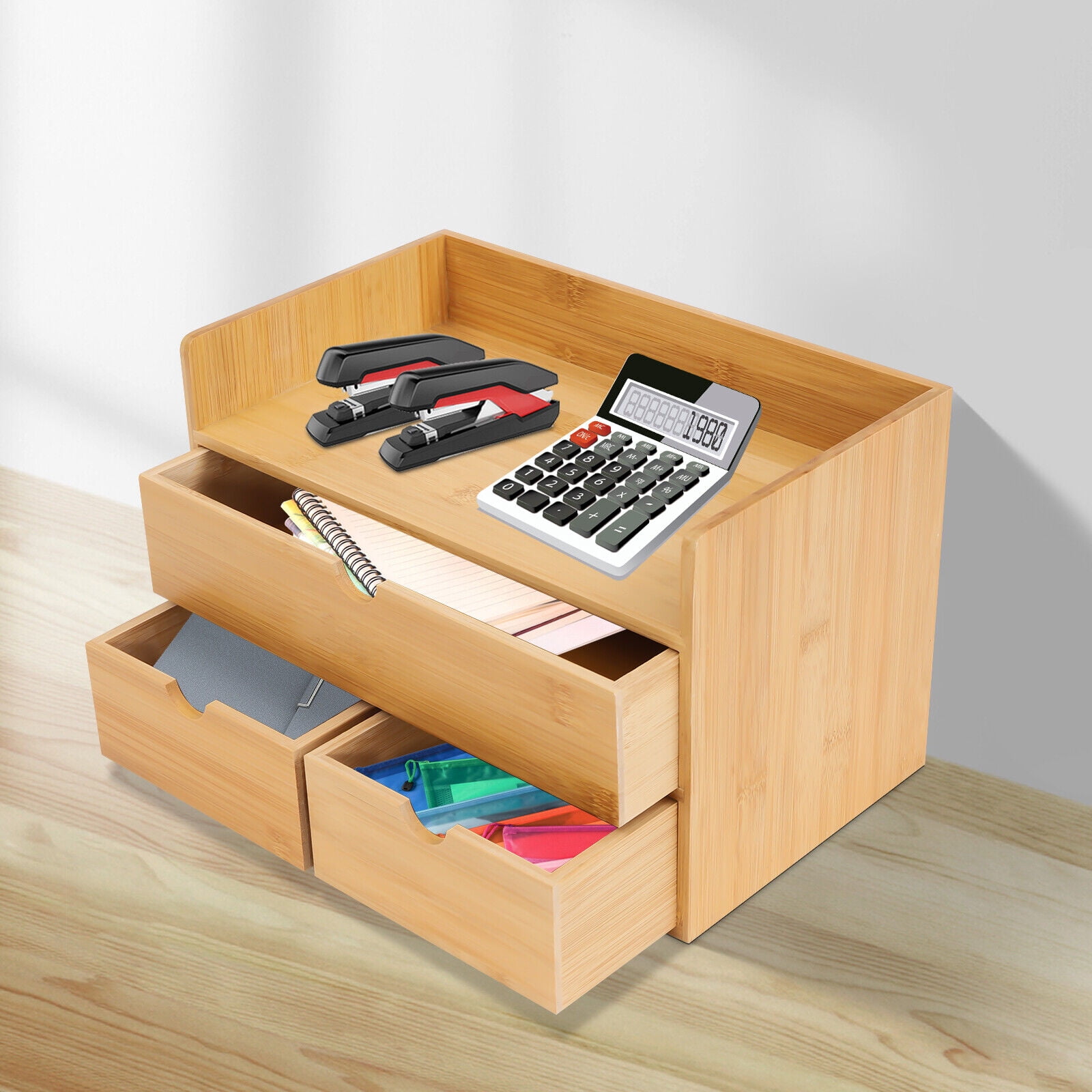 FETCOI Bamboo Desk Organizer -Tabletop Storage Organization Box w/ 3 ...