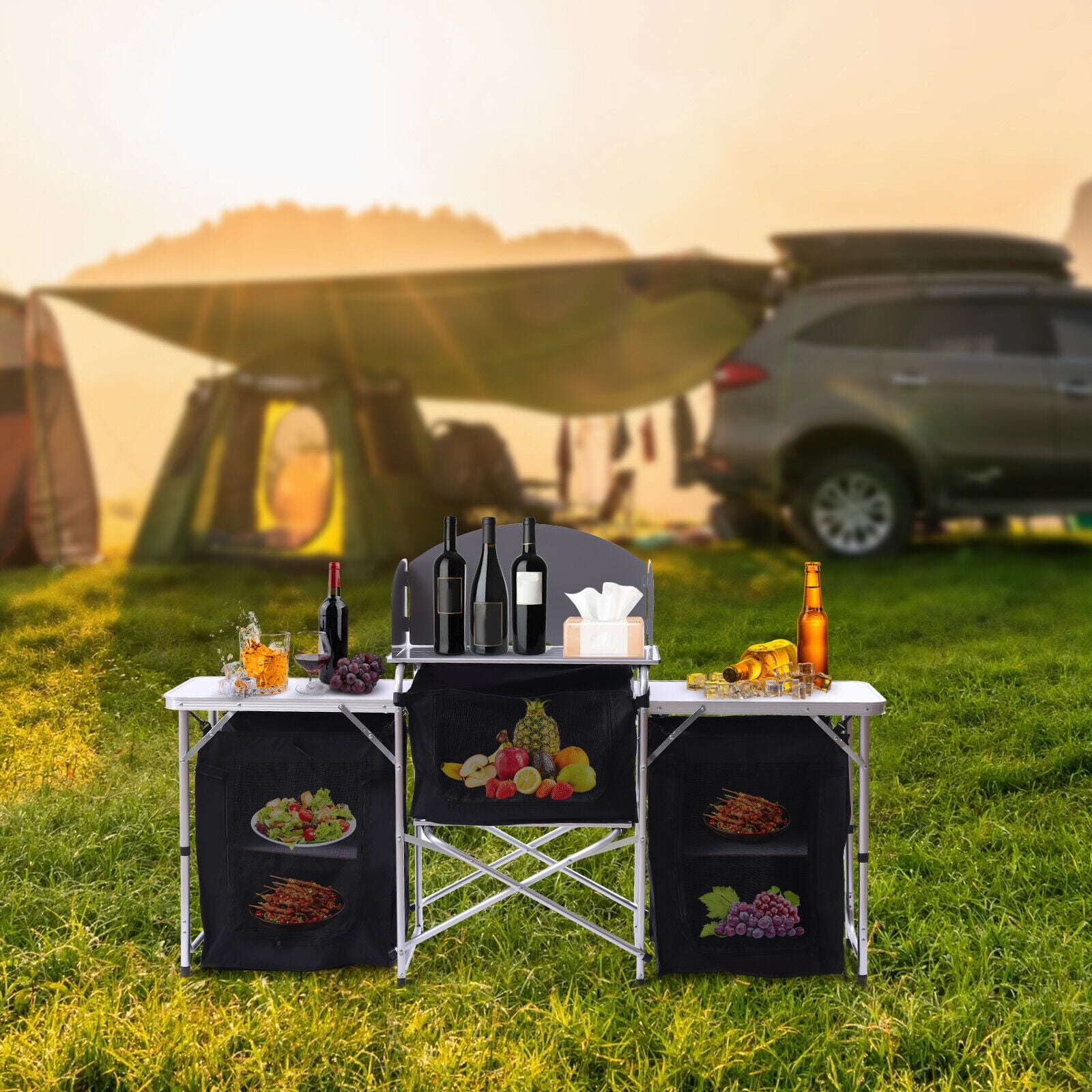 FETCOI Black Outdoor Folding Camping Kitchen Station 3x Garden Picnic ...
