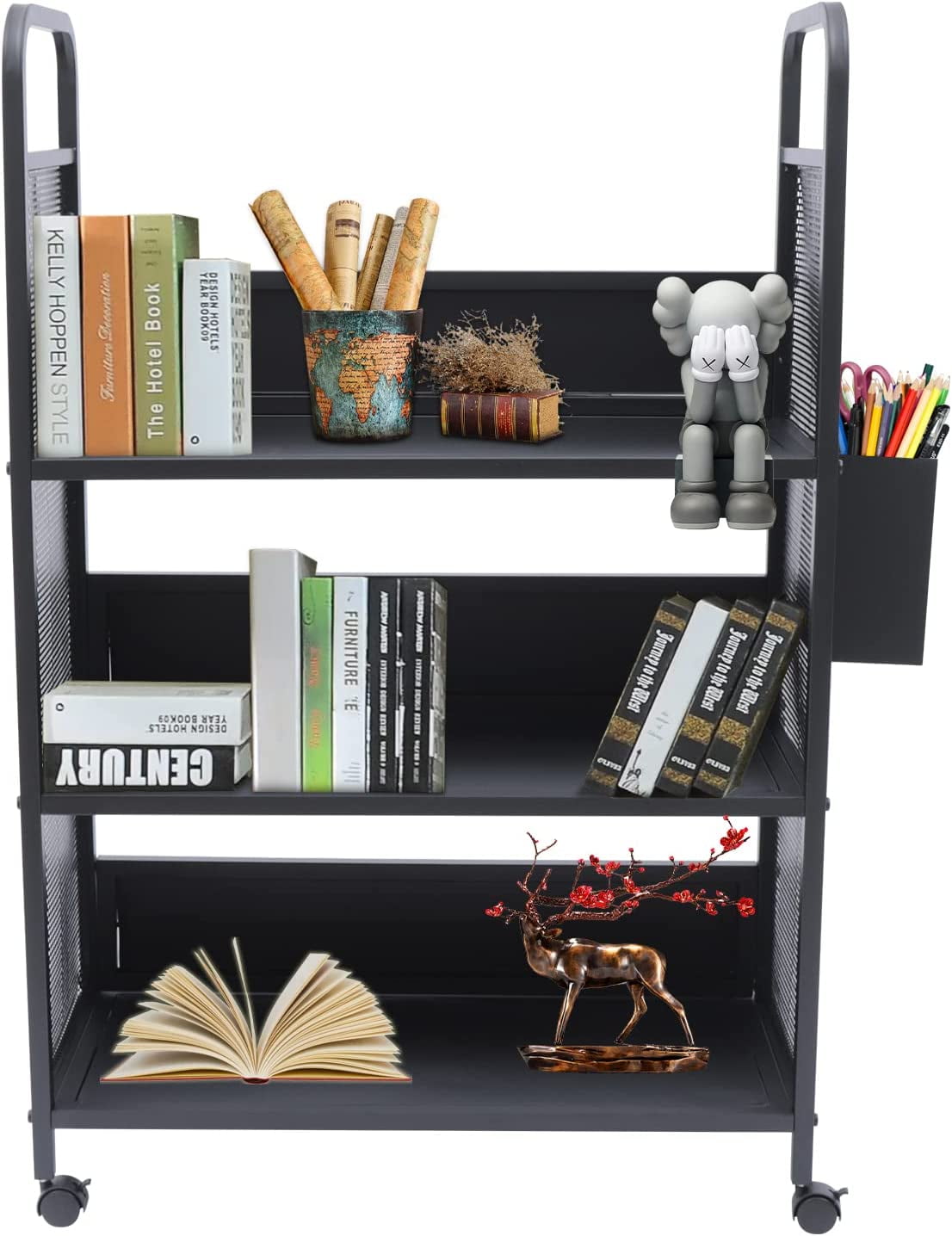 FETCOI Book Cart 200LBS Library Cart with 3 Flat Shelves Rolling Book ...