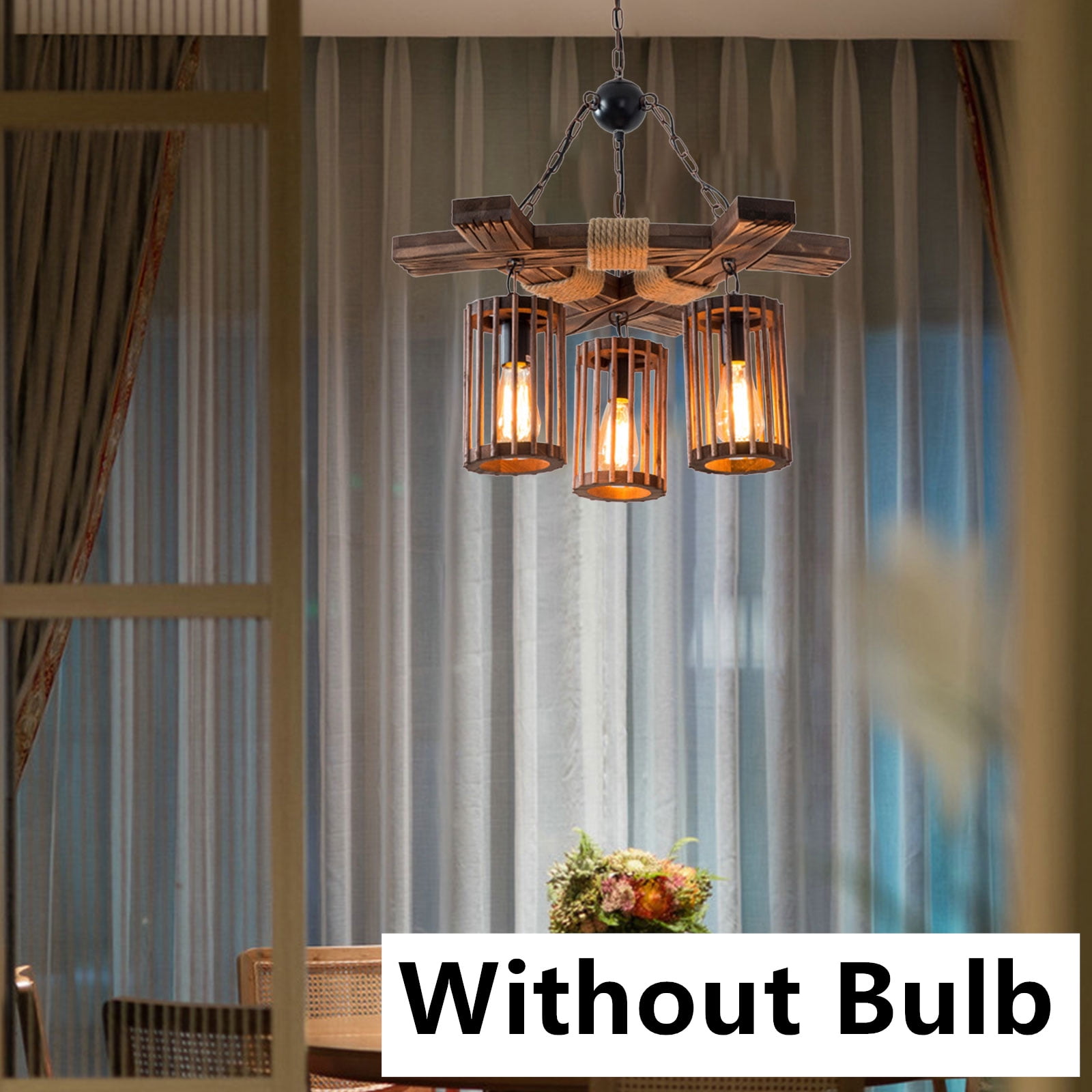 FETCOI Industrial Vintage Wooden Hanging Pendant Light Retro Chandelier ...