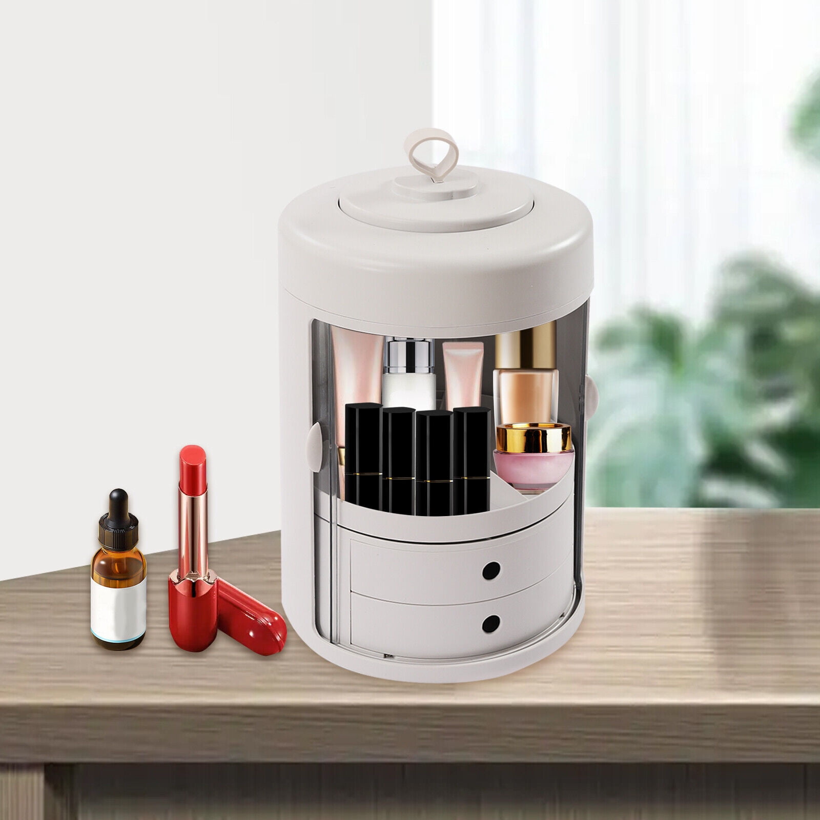 FETCOI Rotating Tabletop Makeup Organiser 2 Drawers Cosmetic Display ...