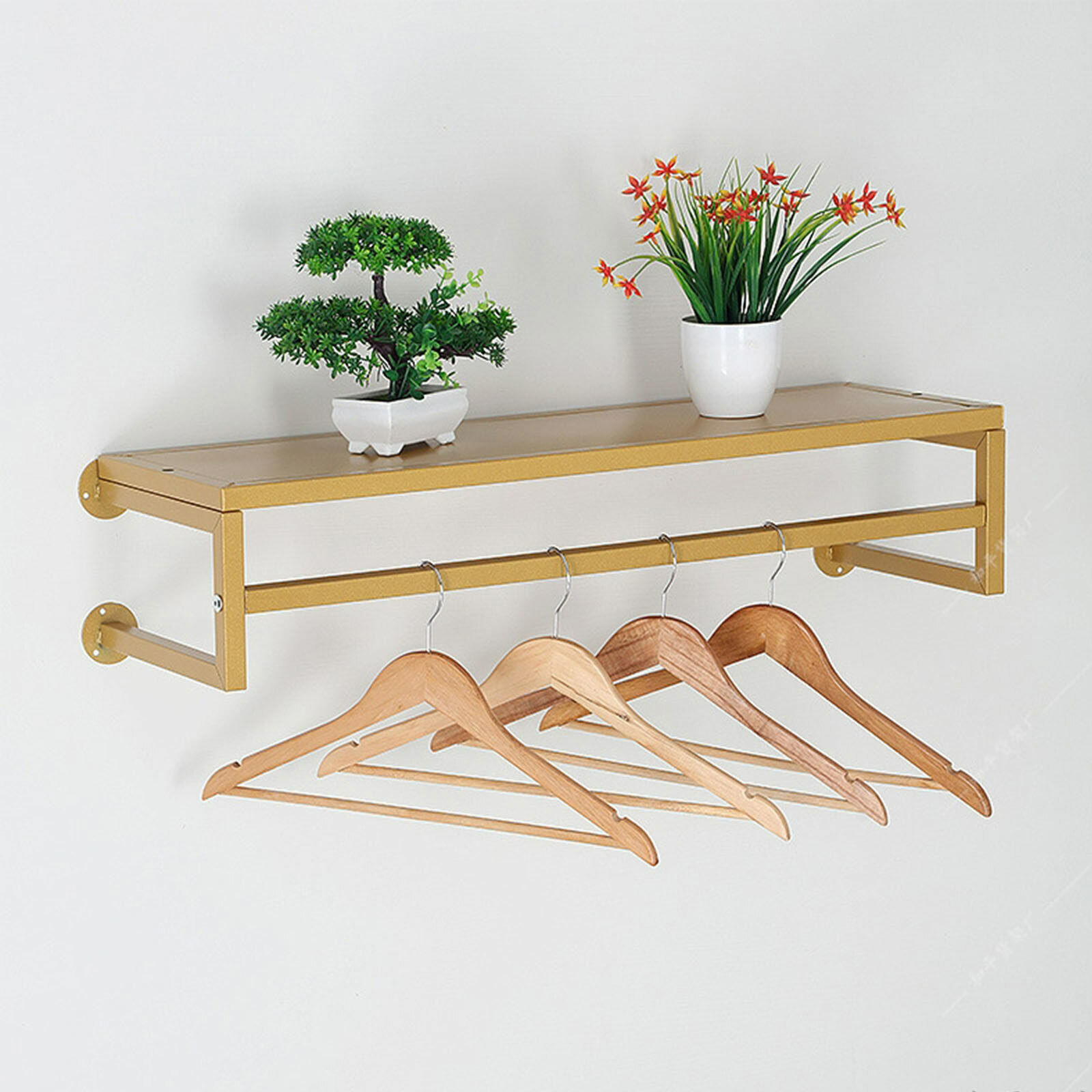 FETCOI Wall Mounted Garment Rack w/ Top Shelf Hanging Clothes Rack Gold ...