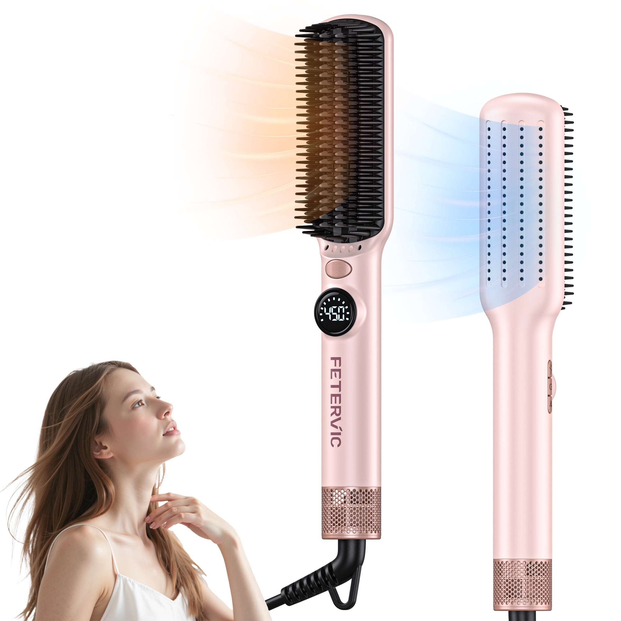 FETERVIC 3-in-1 Ionic Hair Straightener Brush – Hot Air Blow Dryer Brush with Cold Wind, Digital ...