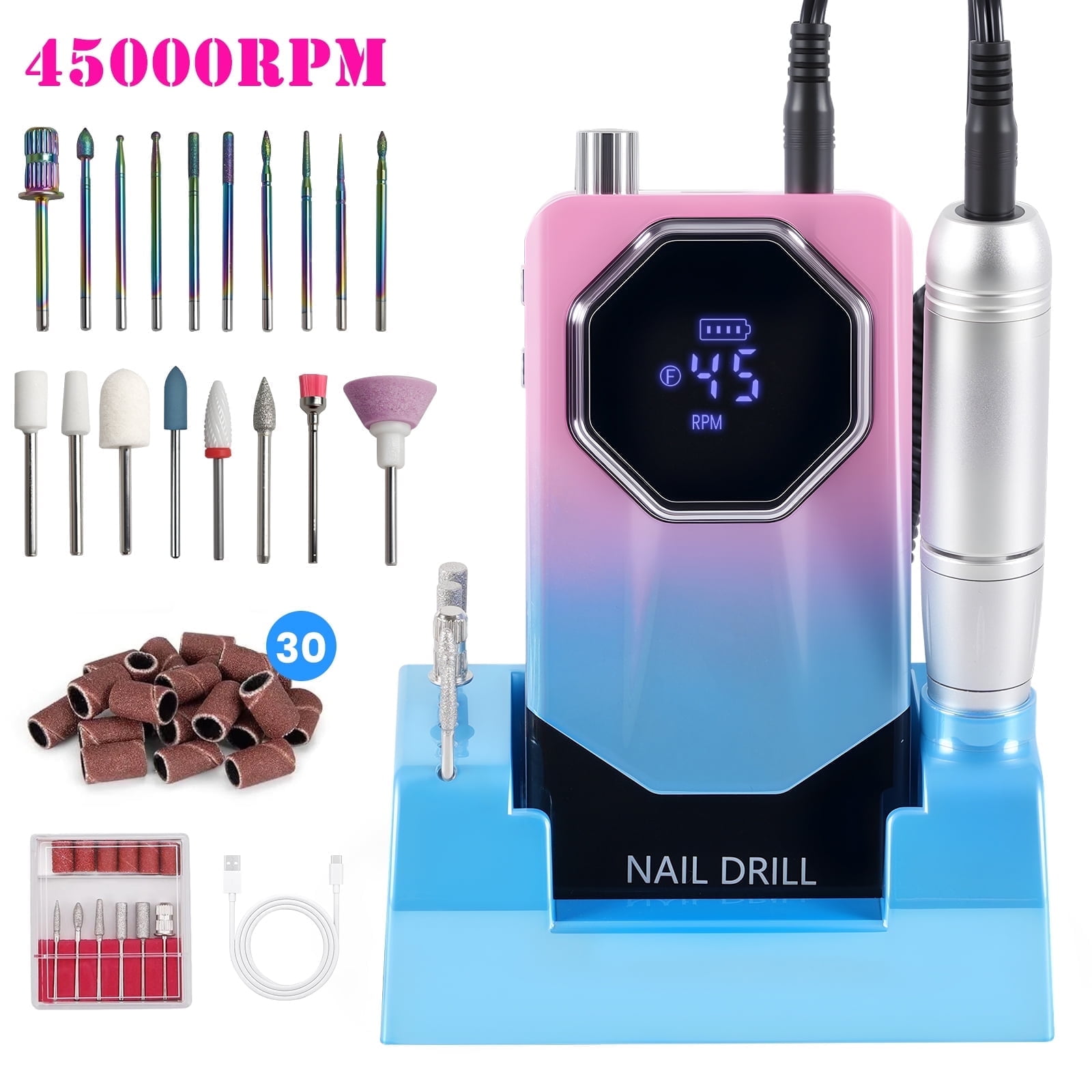 FETERVIC Nail Drill Kit, 45000 RPM Rechargeable Cordless Nail File, LCD ...