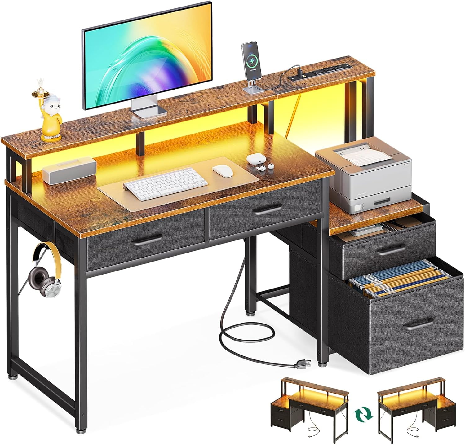 FETON 48-Inch Computer Desk with File Cabinet and Fabric Drawers ...