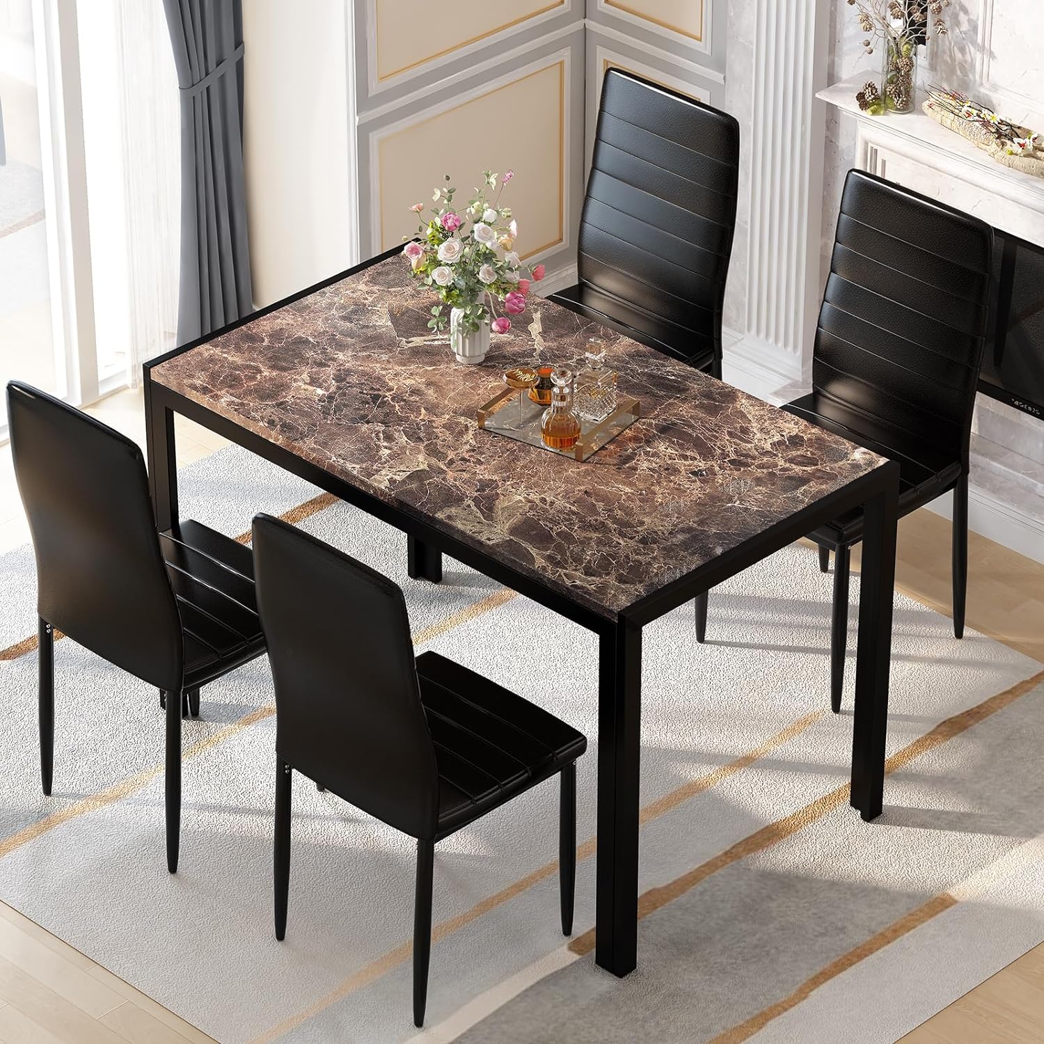 FETON 5 Piece Dining Table Set for 4, Faux Marble Kitchen Table with 4 ...