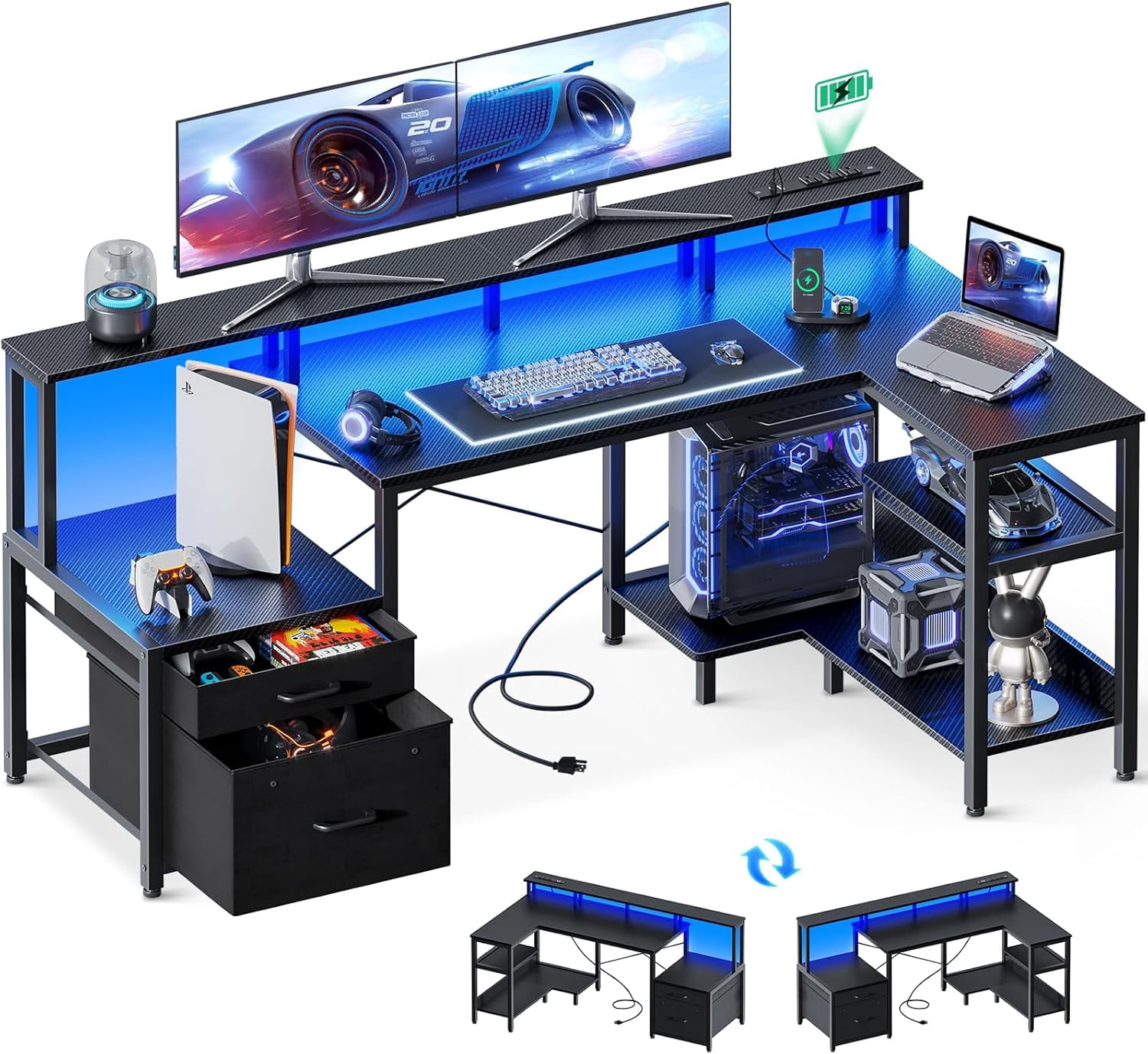 FETON 57 Inch L Shaped Gaming Computer Desk with USB Charging Ports ...