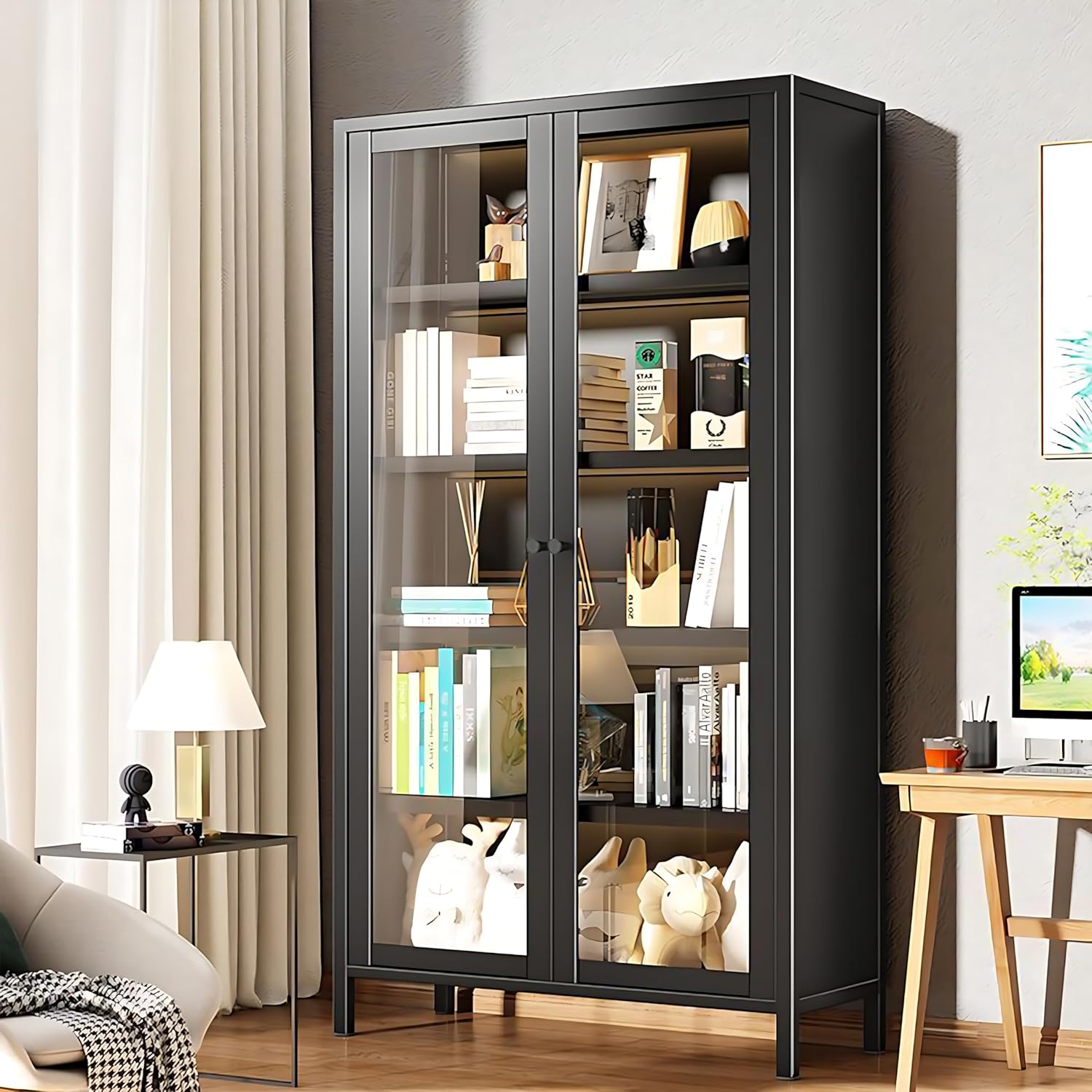 FETON 70" Tall Curio Display Cabinet Bookcase, Metal Storage Cabinet ...