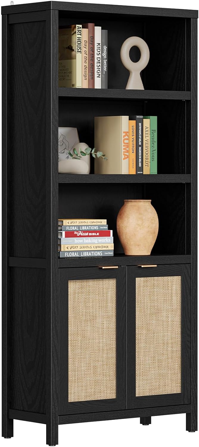 FETON Bookcase 5 Tier Bookshelf Rattan Boho Tall Book Case Shelf with ...