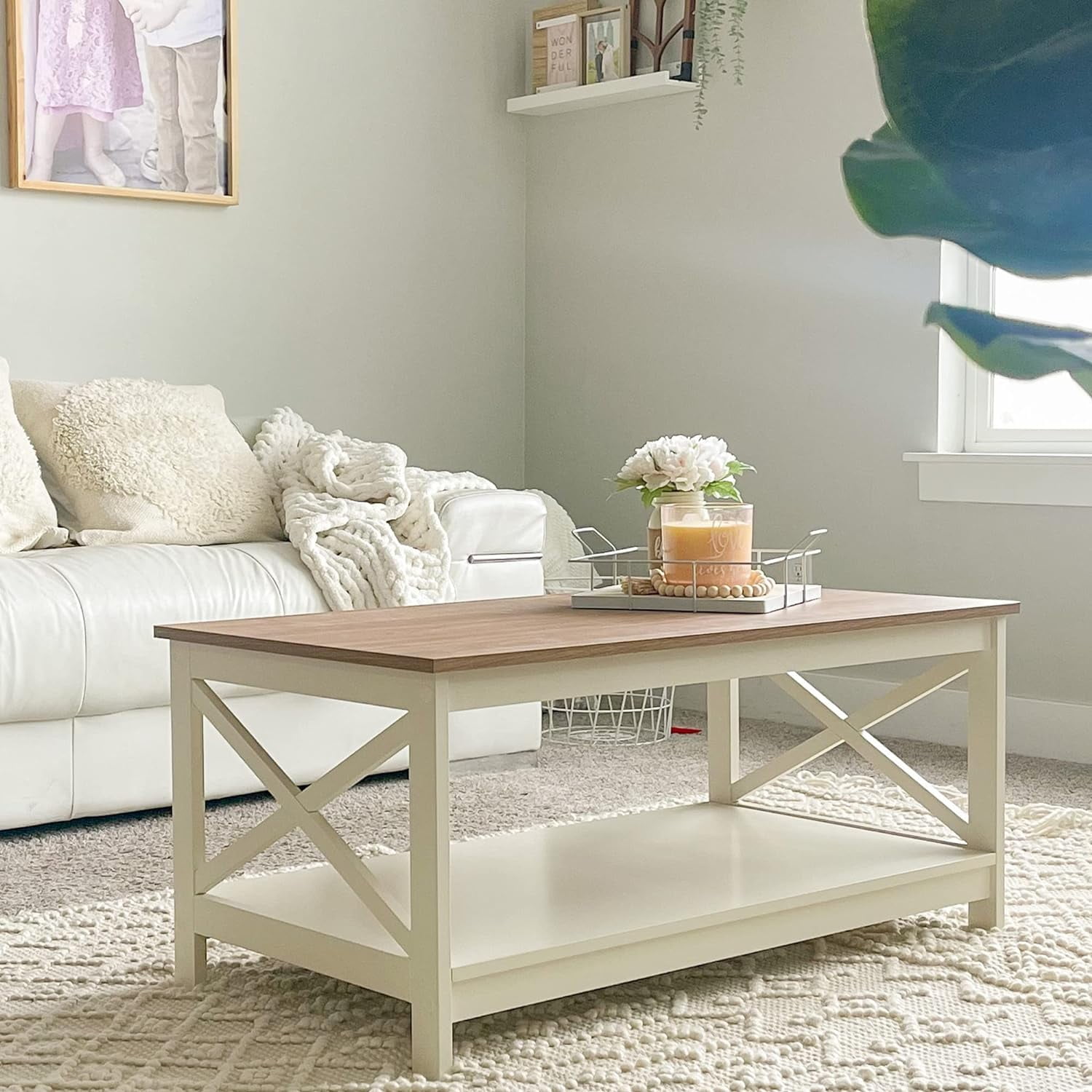 FETON Coffee Table - Modern Coffee Tables with Storage for Living Room Shelf 2 Tiers, Farmhouse ...