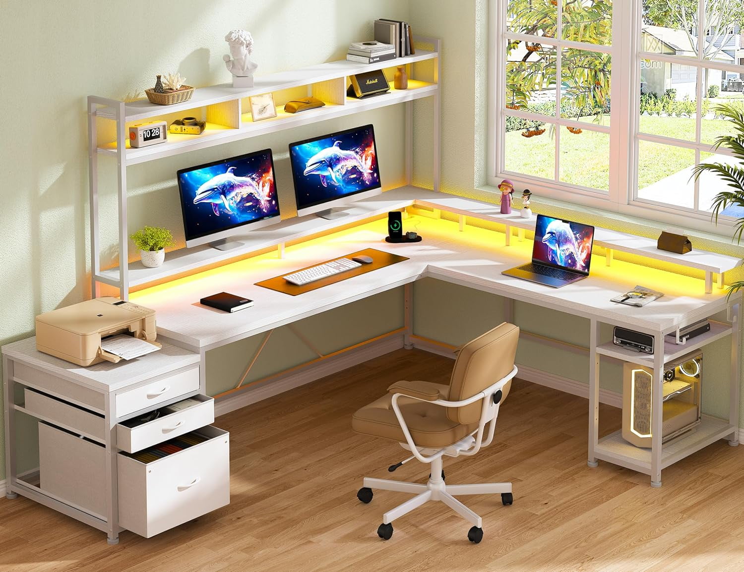 FETON Computer Desk with Drawers 66" Reversible Gaming Computer Desk ...