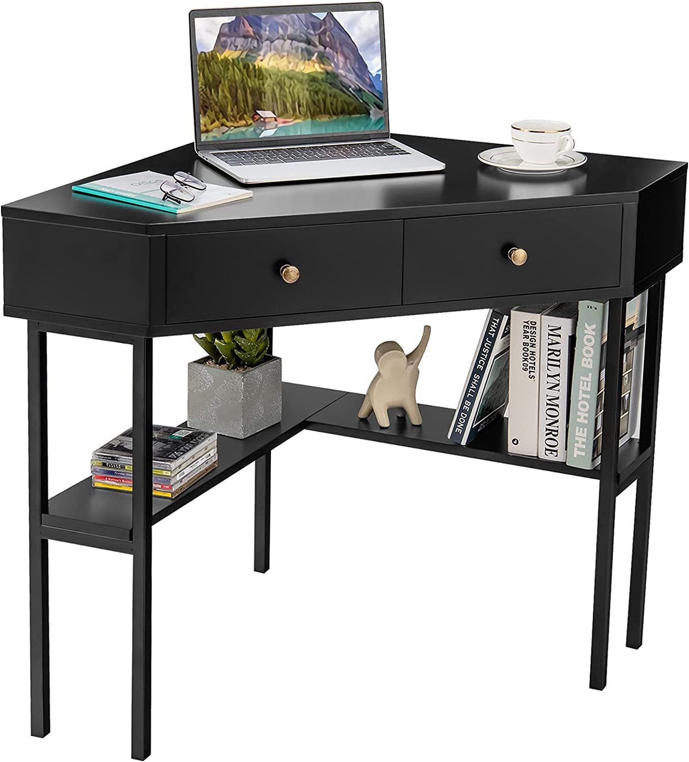 FETON Corner Desk with 2 Drawers, 90 Degrees Triangle Corner Computer ...