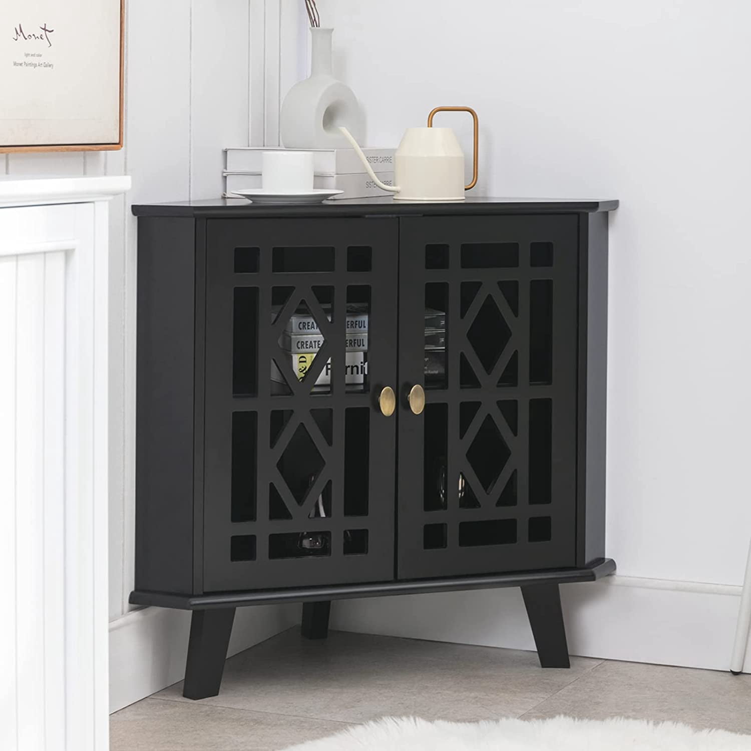 FETON Corner Shelf Stand, Small Corner Table Sideboard Cabinet with 2 ...