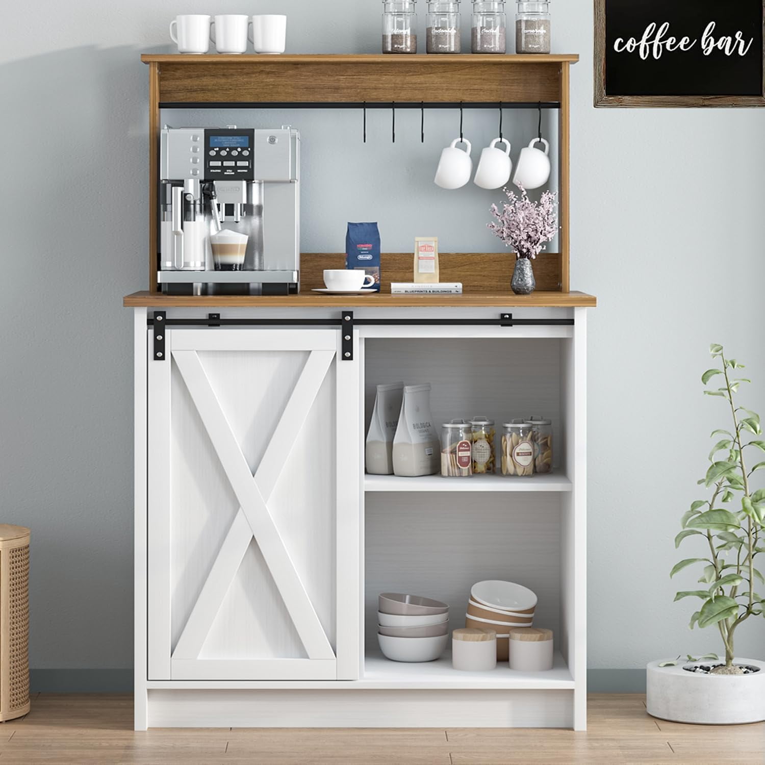 FETON Farmhouse Coffee Bar Cabinet with 6 Hooks, White Coffee Bar Hutch ...
