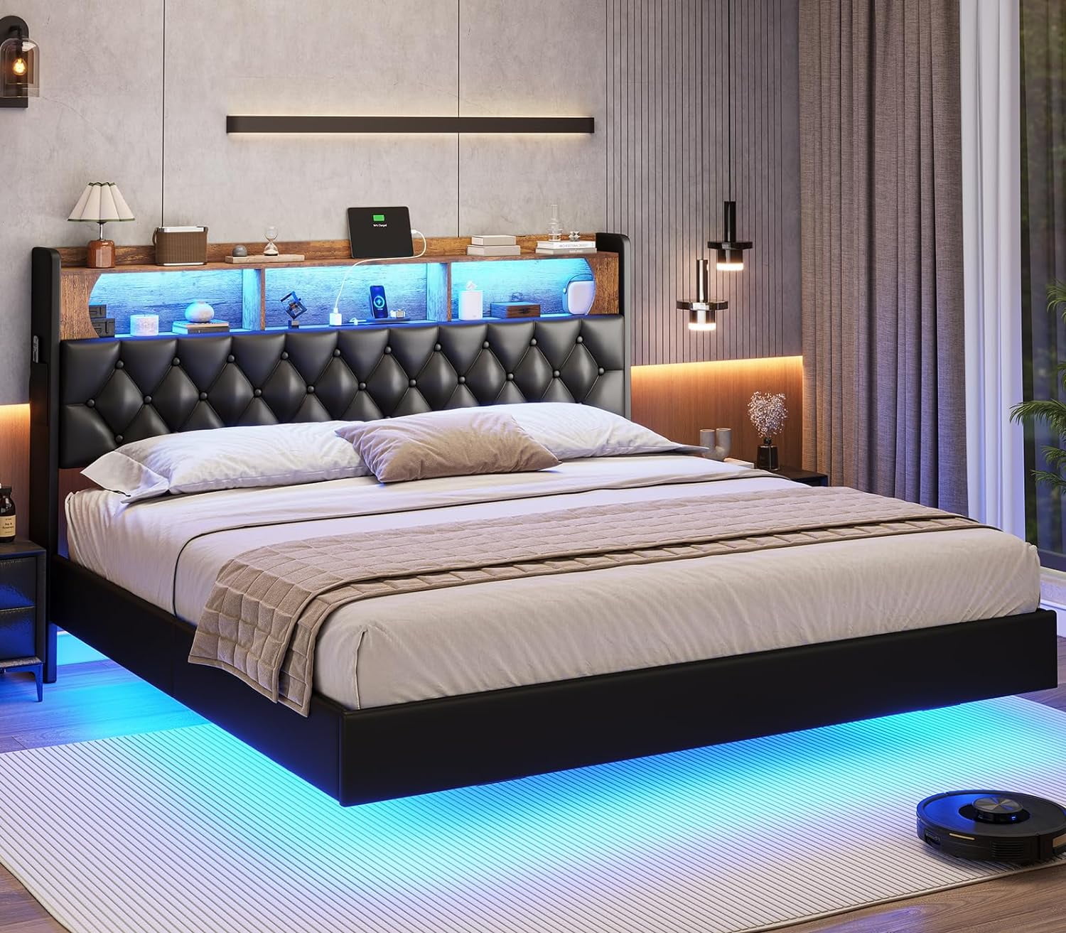 FETON Floating Bed Frame King Size with RGB LED Lights Headboard ...
