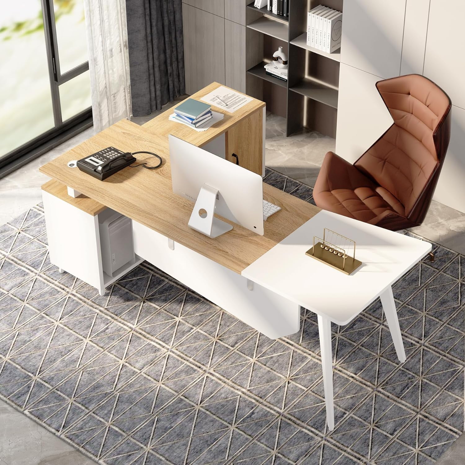 FETON L-Shaped Computer Desk with File Cabinet, 78.74 Inch Large ...