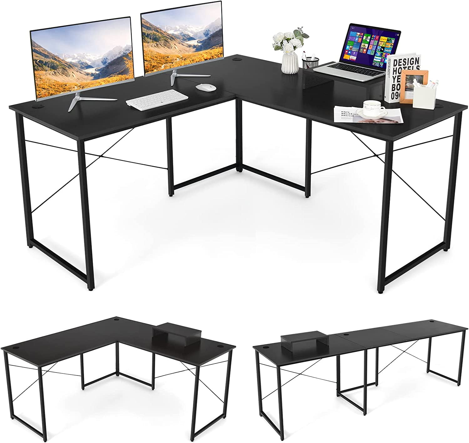 FETON L-Shaped Computer Desk w/Monitor Stand, Reversible Corner Study ...