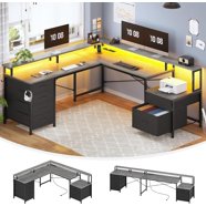 Uforic L Shaped Computer Desk with Power Outlet&LED Lights&File Drawer ...