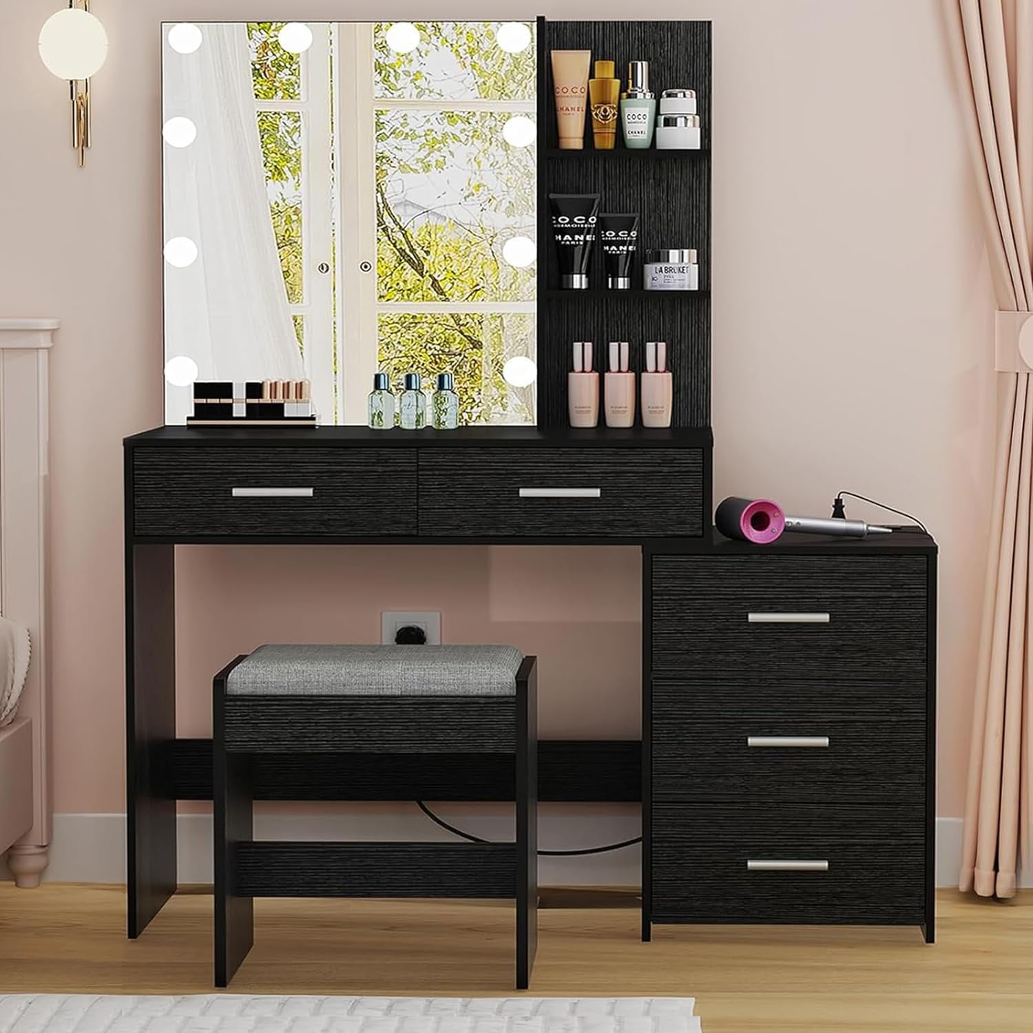 FETON Large Vanity Desk with Mirror & 10 LED Lights, Makeup Vanity ...