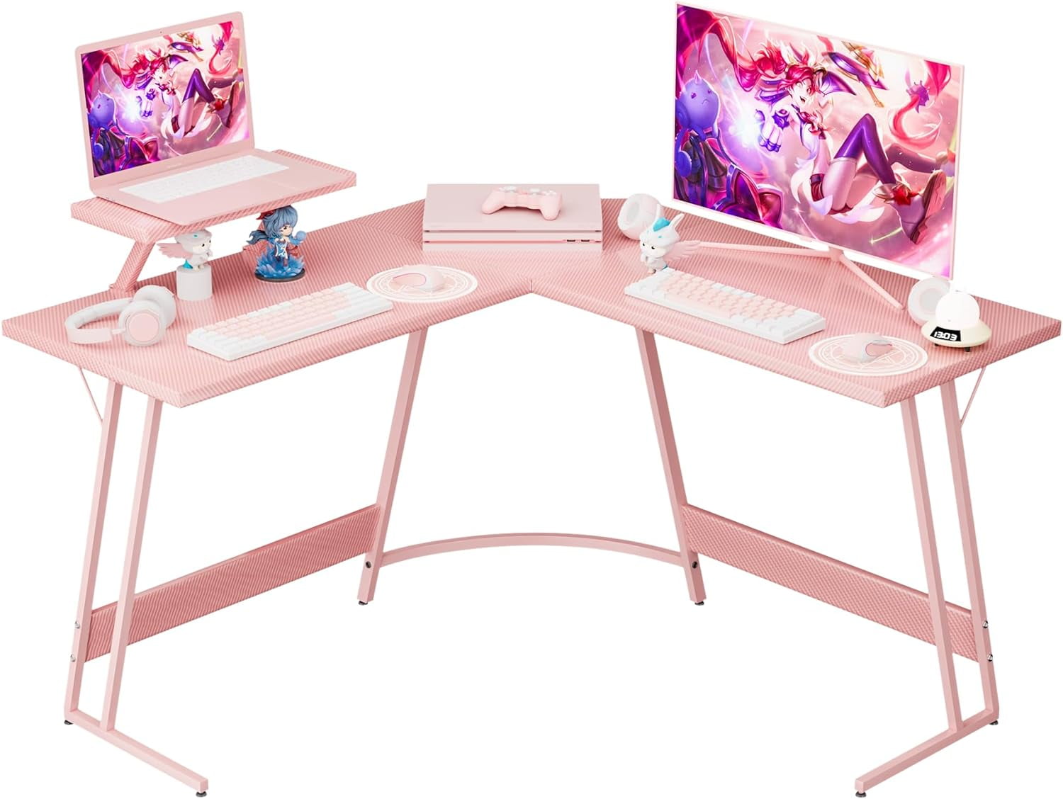 FETON Pink L Shaped Gaming Desk Computer Corner PC Desk Table with ...