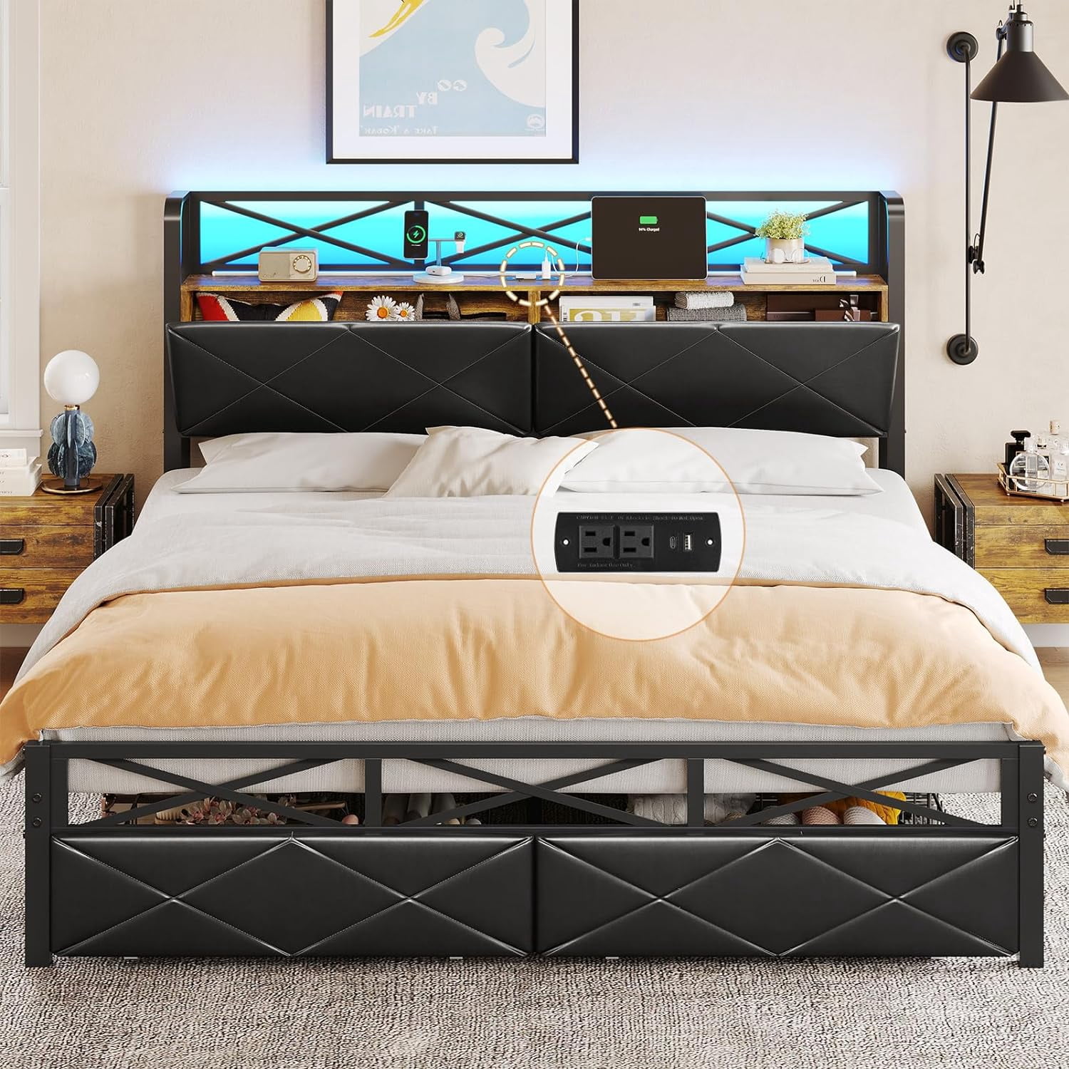 FETON Queen Bed Frame with 2 Storage Drawers,Upholstered Hidden Storage ...