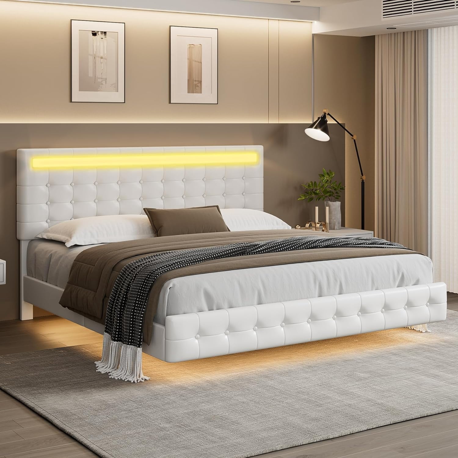 FETON Queen Bed Frame LED Lights Visual-Floating Bed for Modern Space ...