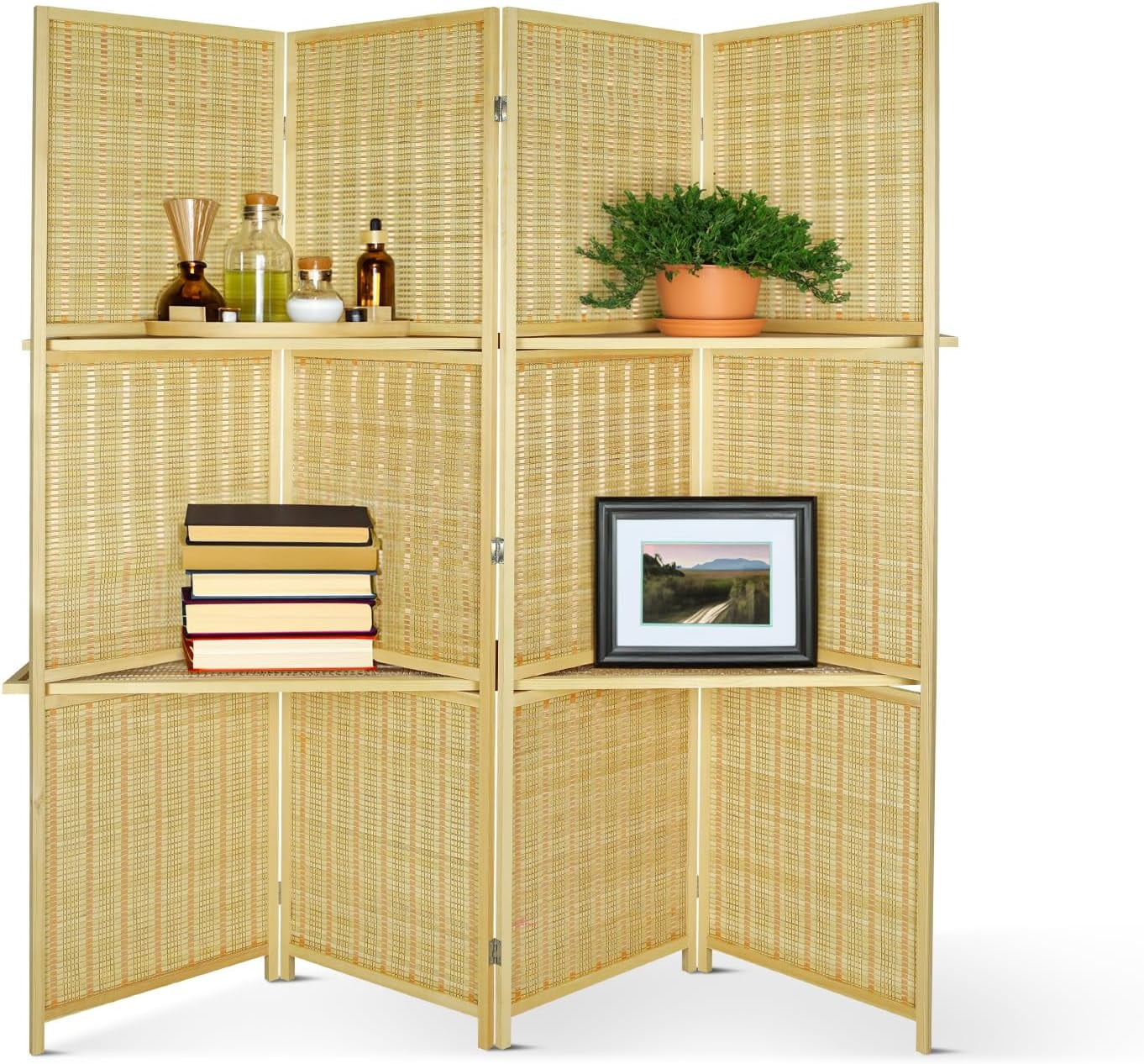 FETON Room Divider with Shelf 4 Panel Woven Bamboo Screen, Room Divider ...