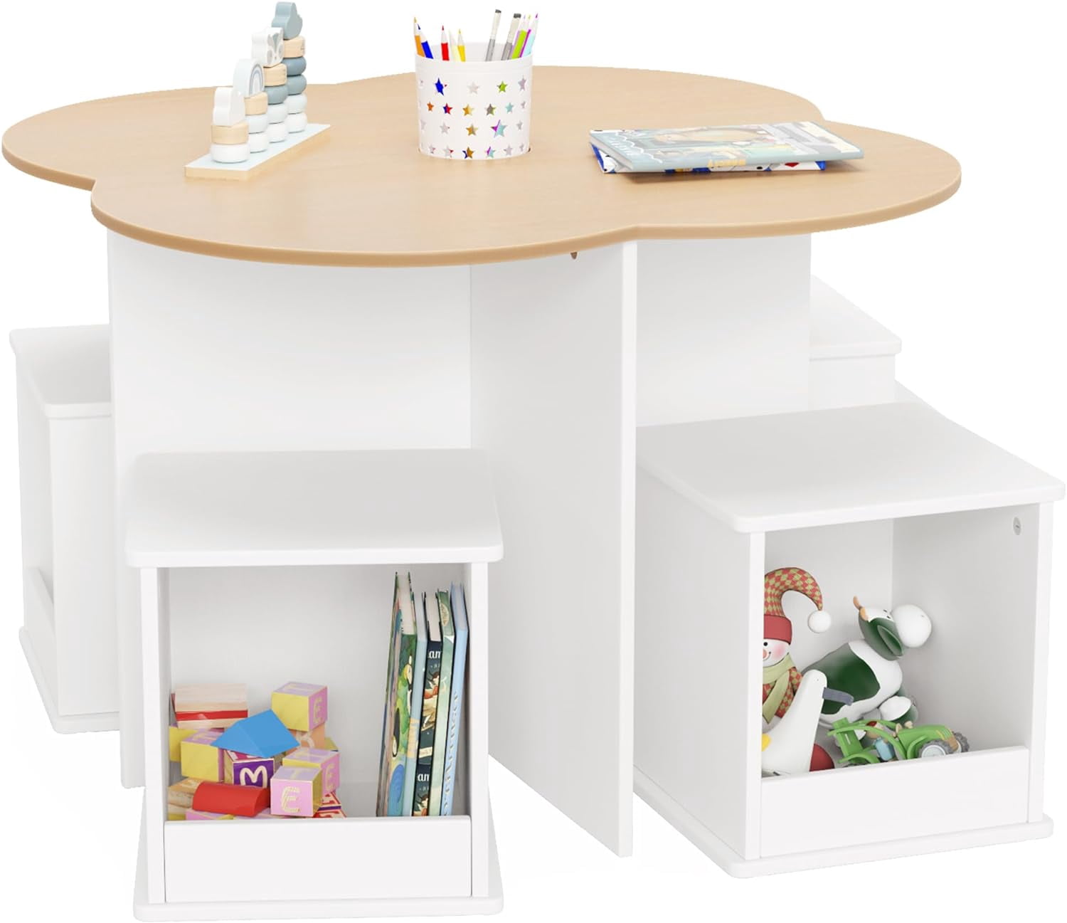 FETON Toddler Table and Chair Set with 4 Storage Stools, Flower Shaped ...