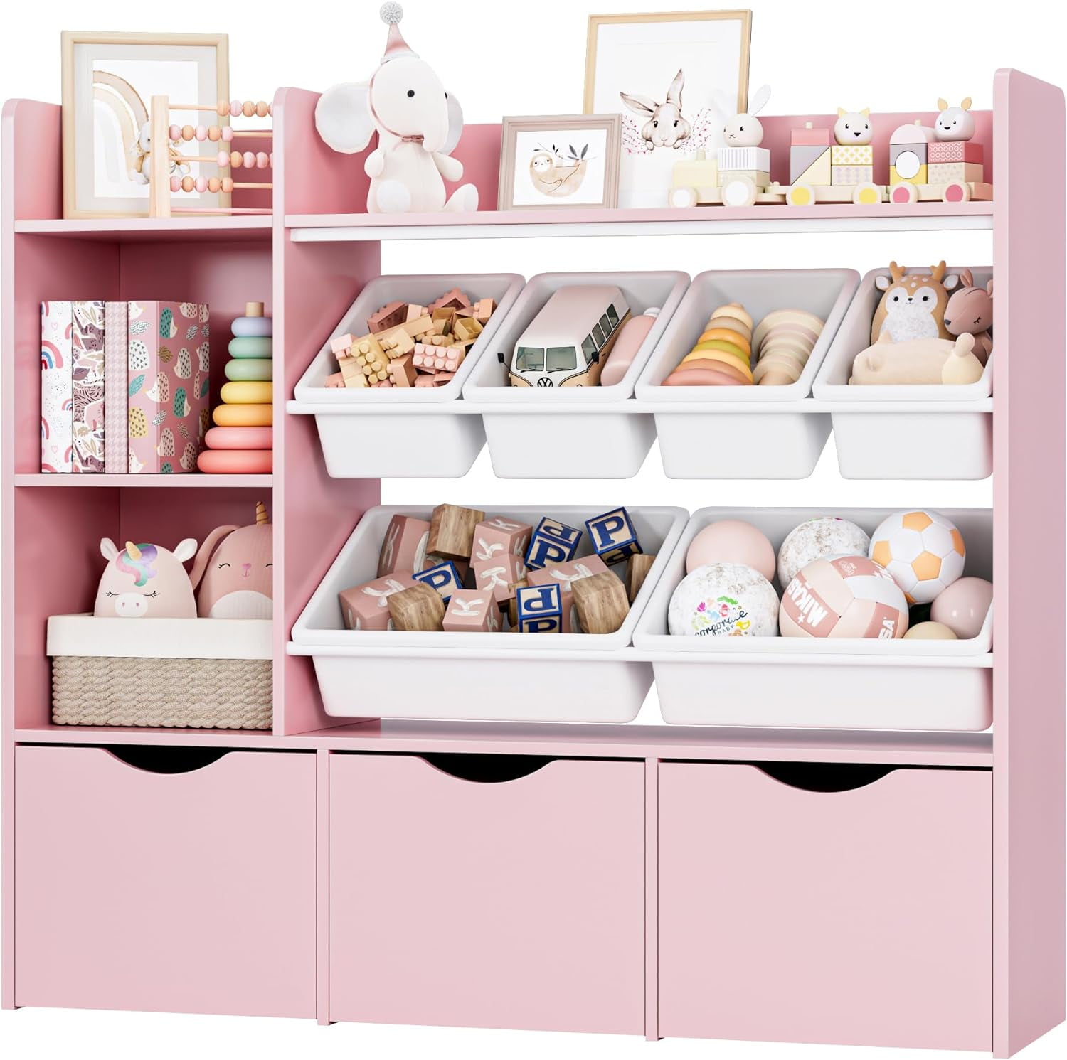 FETON Toy Storage Organizer with 3 Movable Drawers, Bookshelf and ...