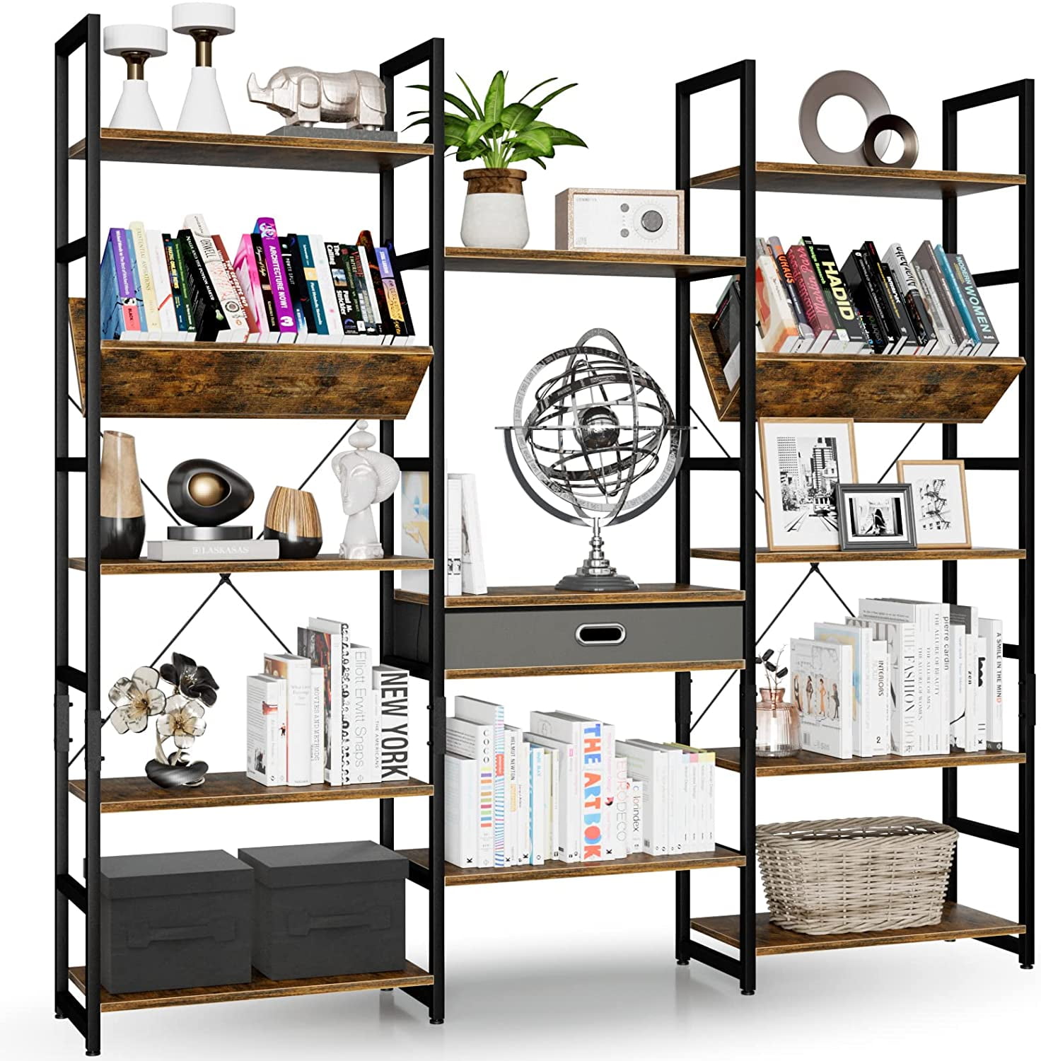 FETON Triple Wide 5 Tier Bookshelf, Adjustable Rustic Industrial Style ...