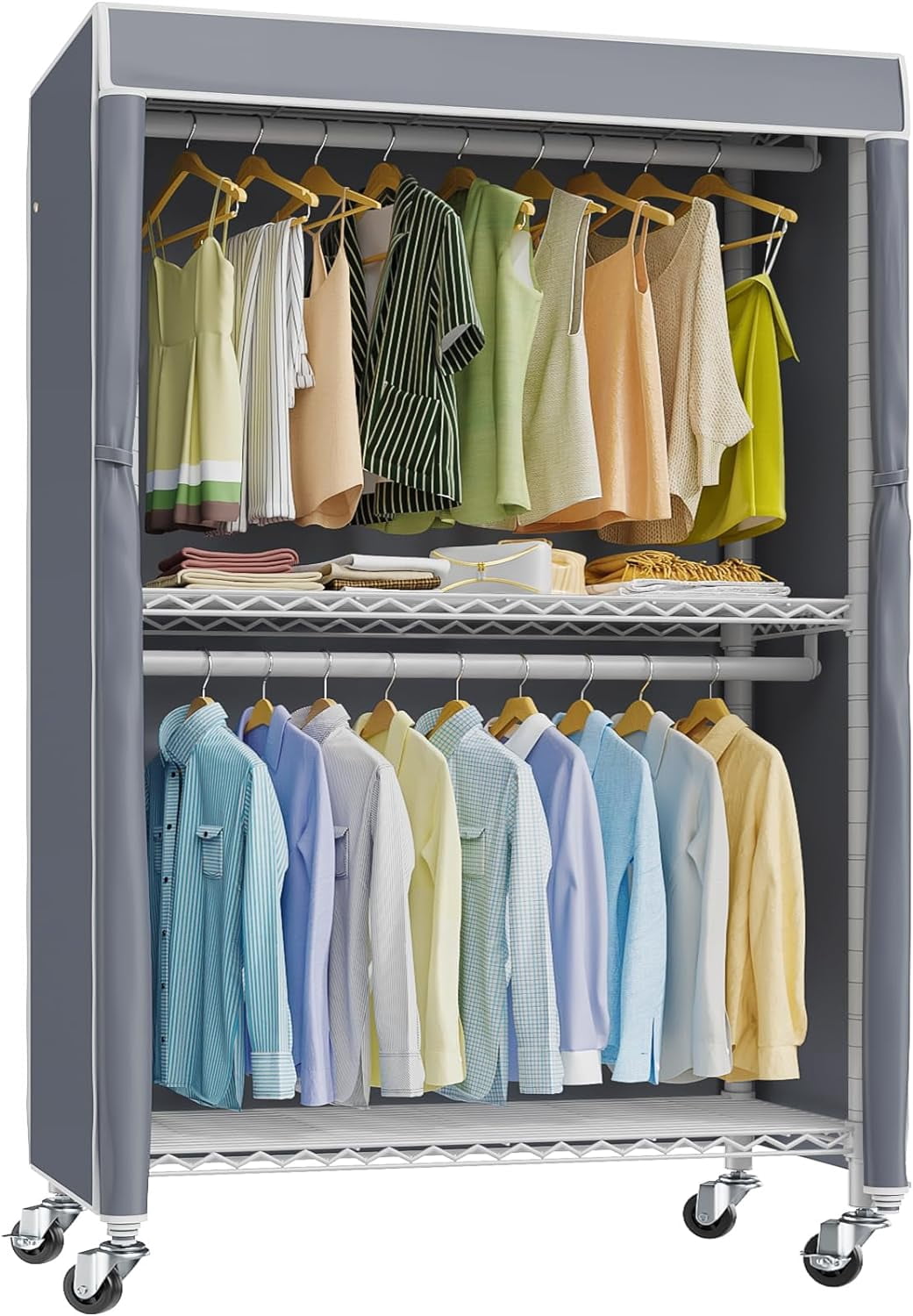 FETON V12C Heavy Duty Rolling Garment Rack with Cover Clothing Rack for ...