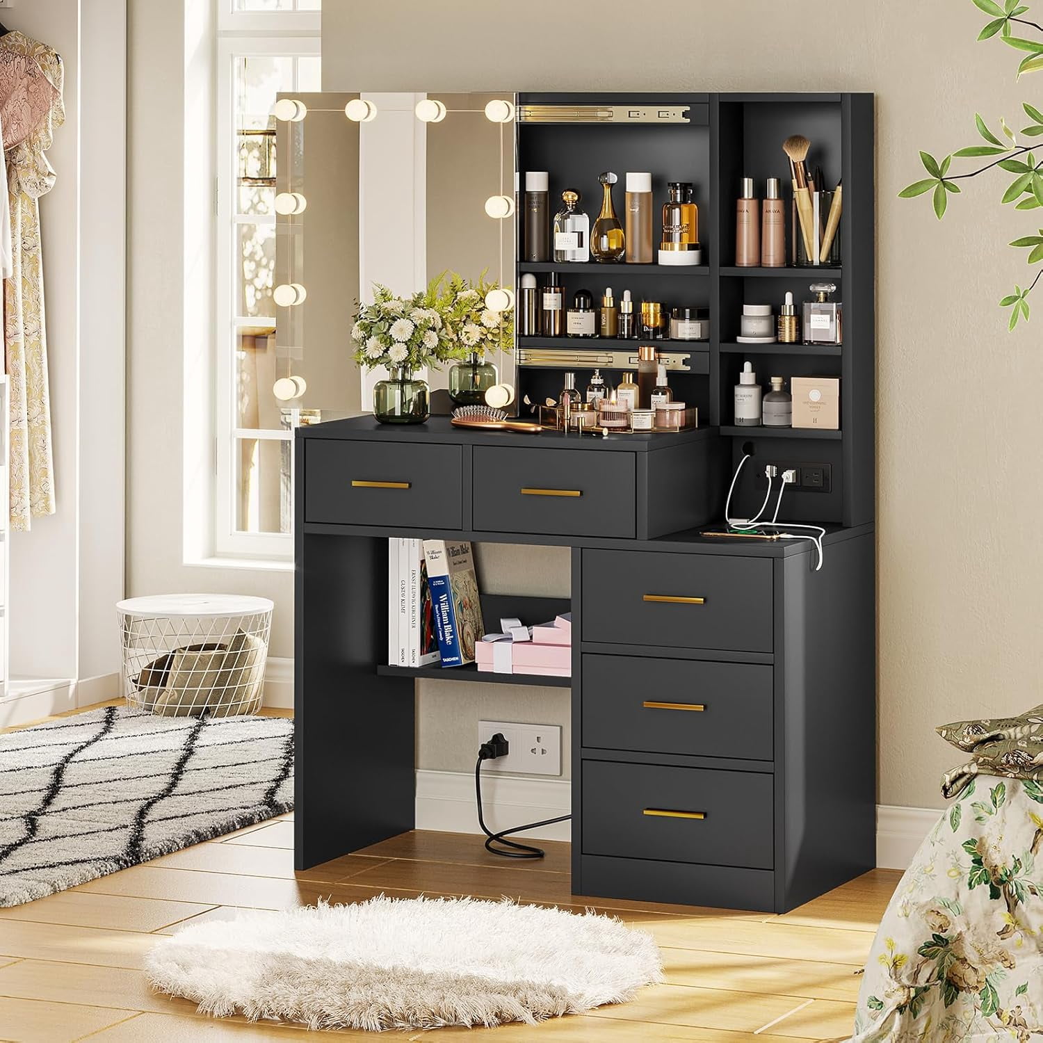 FETON Vanity Desk with Sliding Mirror and Lights, Makeup Vanity with ...