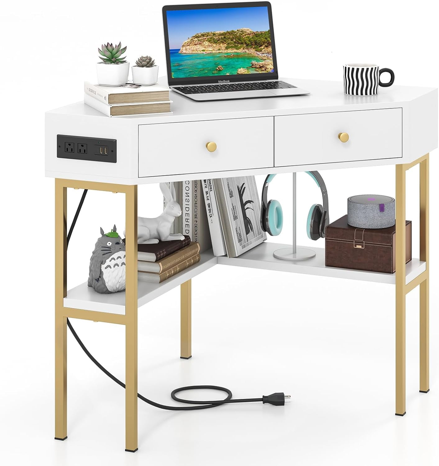 FETON White Corner Desk with 2 Drawers & Built-in Charging Station, 90 ...