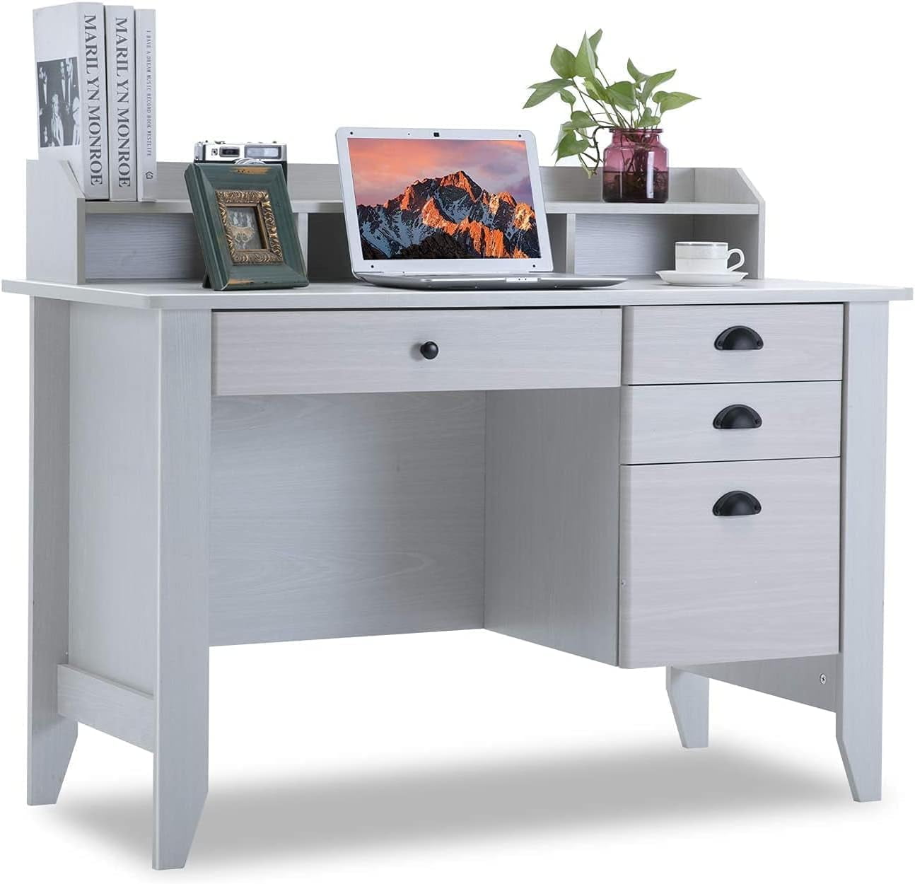 FETON White Desk with Drawers and Hutch, Small White Desk with Storage ...