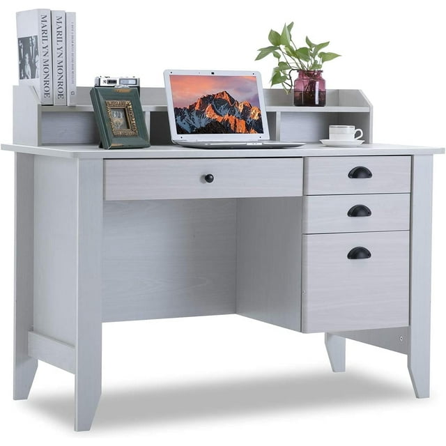 FETON White Desk with Drawers and Hutch, Small White Desk with Storage ...