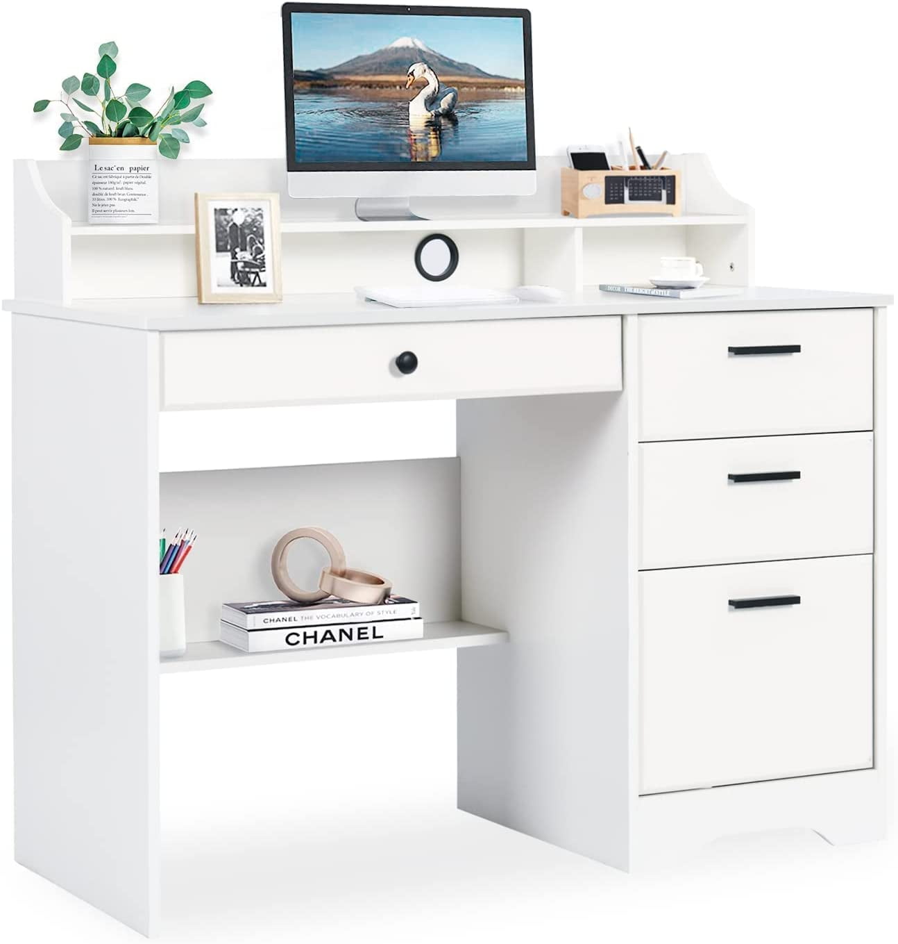 FETON White Desk with Drawers and Storage, Home Office Desk Computer ...