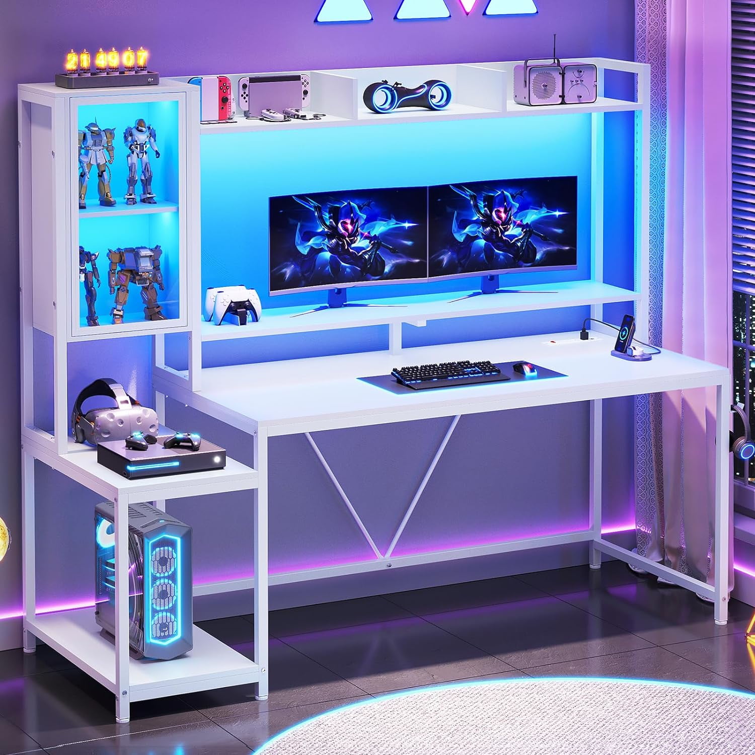 FETON White Gaming Desk, 60'' Gaming Desk with Hutch and LED Lights ...