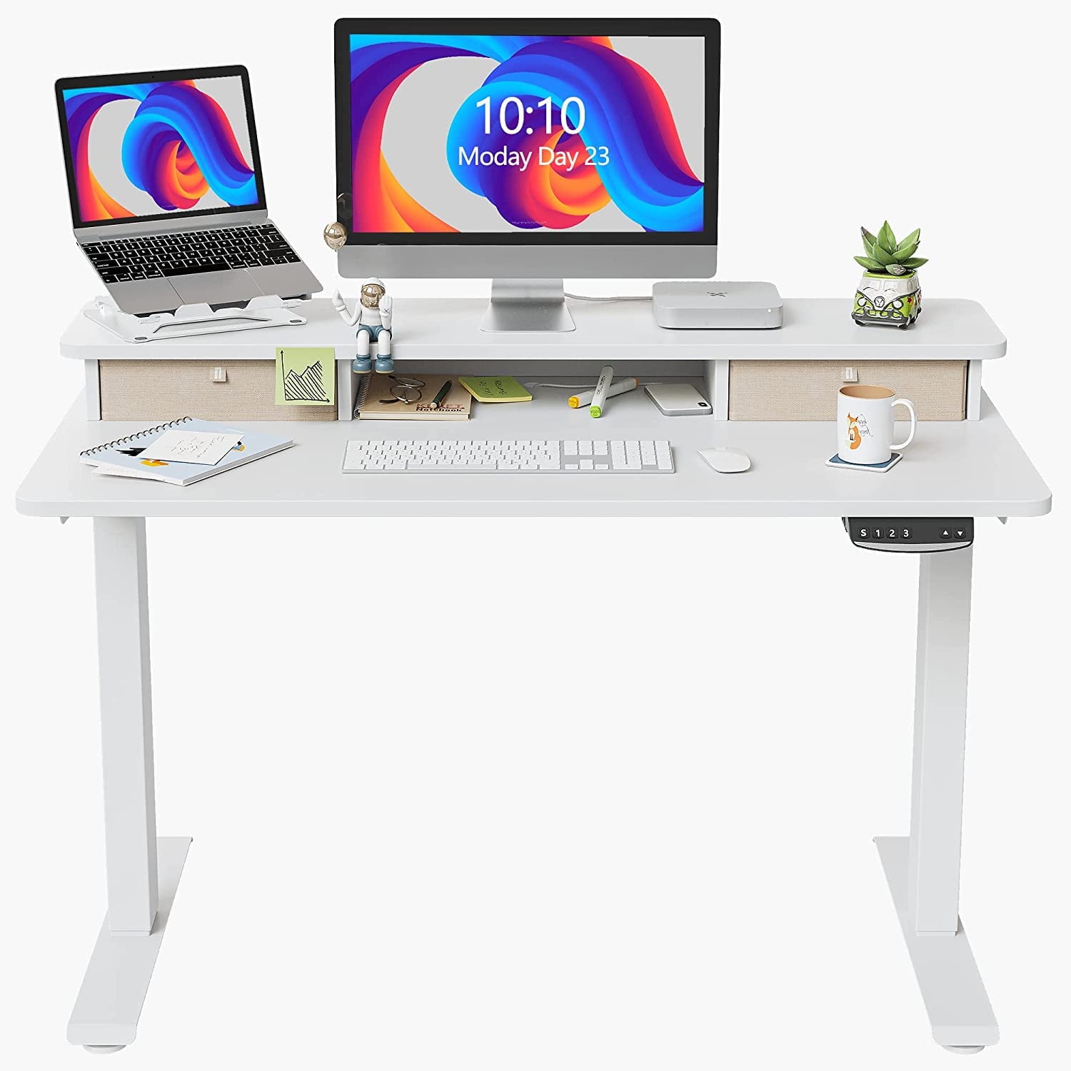 FEZIBO Electric Standing Desk 40x24 Inch Adjustable Height Office Frame with Double Drawer and Storage Shelf White Walmart
