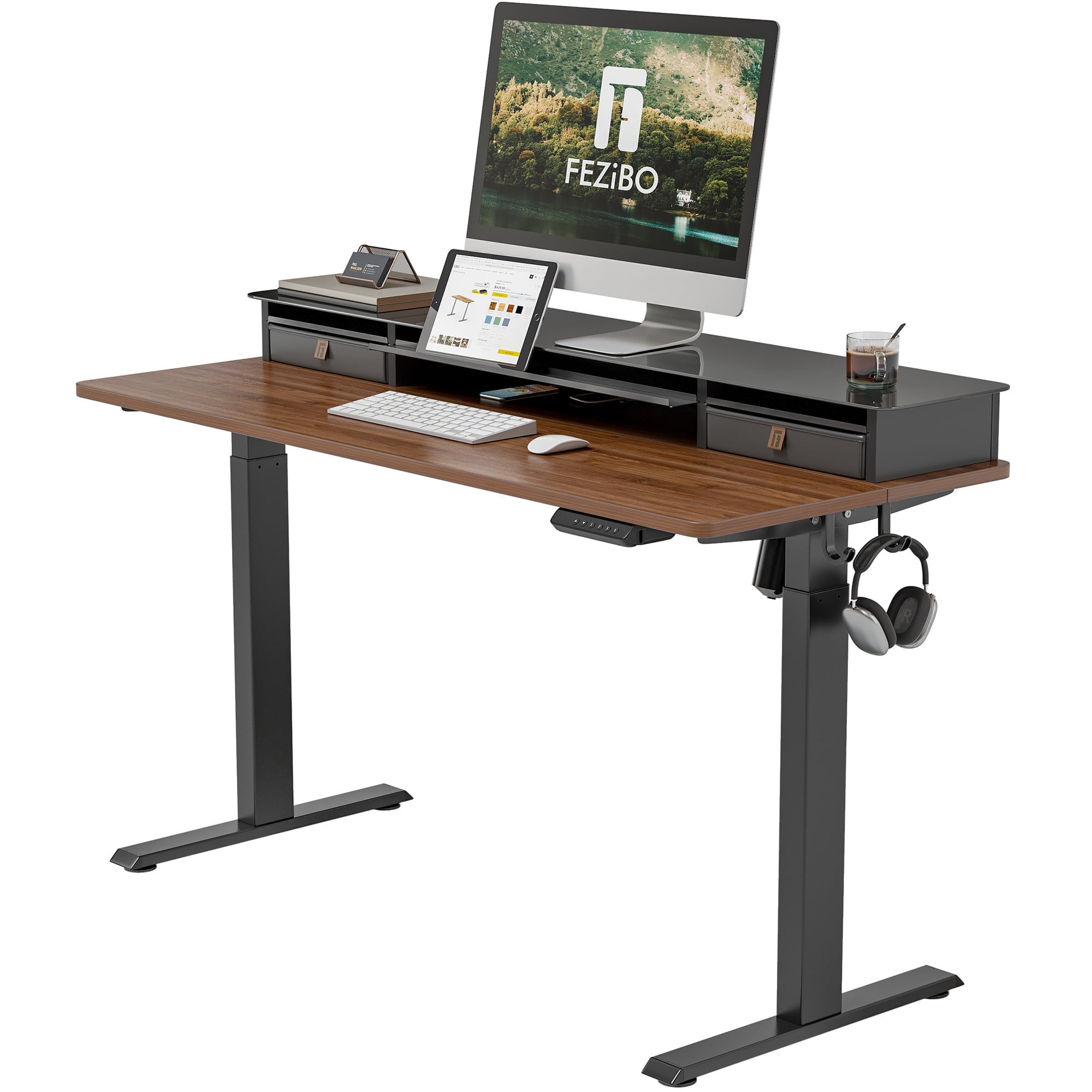 FEZIBO Electric Standing Desk, 48x24 Inch, Glass Top, Monitor Stand ...