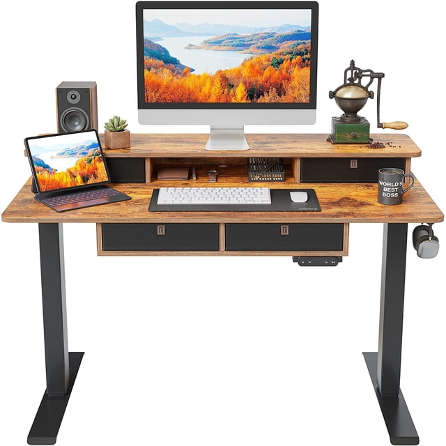 FEZIBO 48x24'' Adjustable Electric Desk, 4 Drawers, Storage Shelf ...