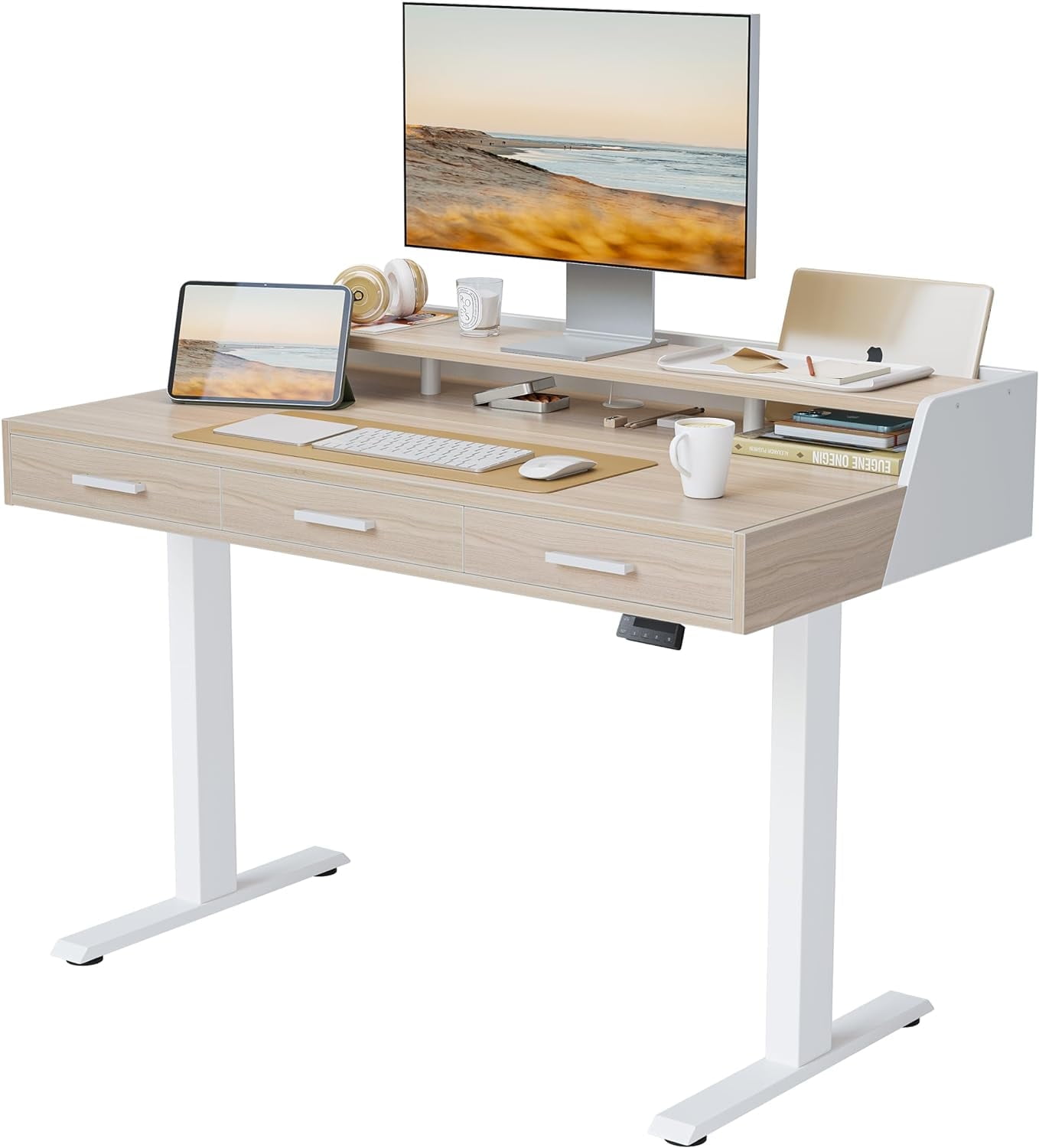 FEZIBO Electric Standing Desk with 3 Drawers & Monitor Shelves, 48 x 26 ...