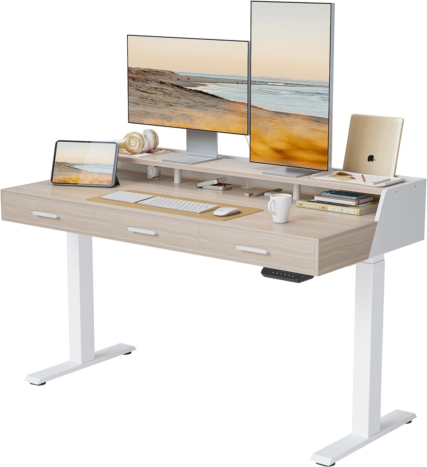 FEZIBO Electric Standing Desk with 3 Drawers & Monitor Shelves, 55 x 26 ...