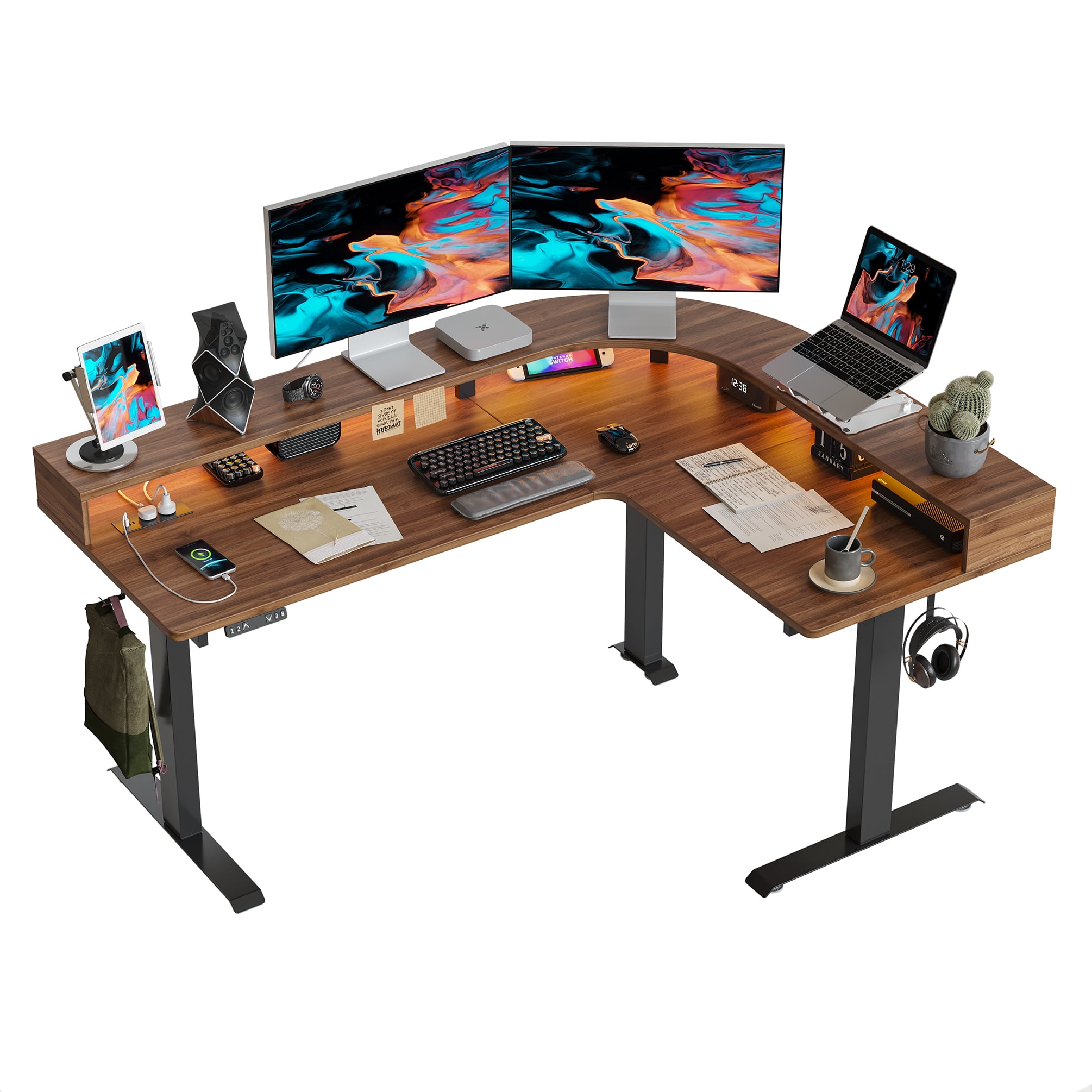 FEZIBO Triple Motor L Shaped Stadning Desk with LED Strip & Power ...
