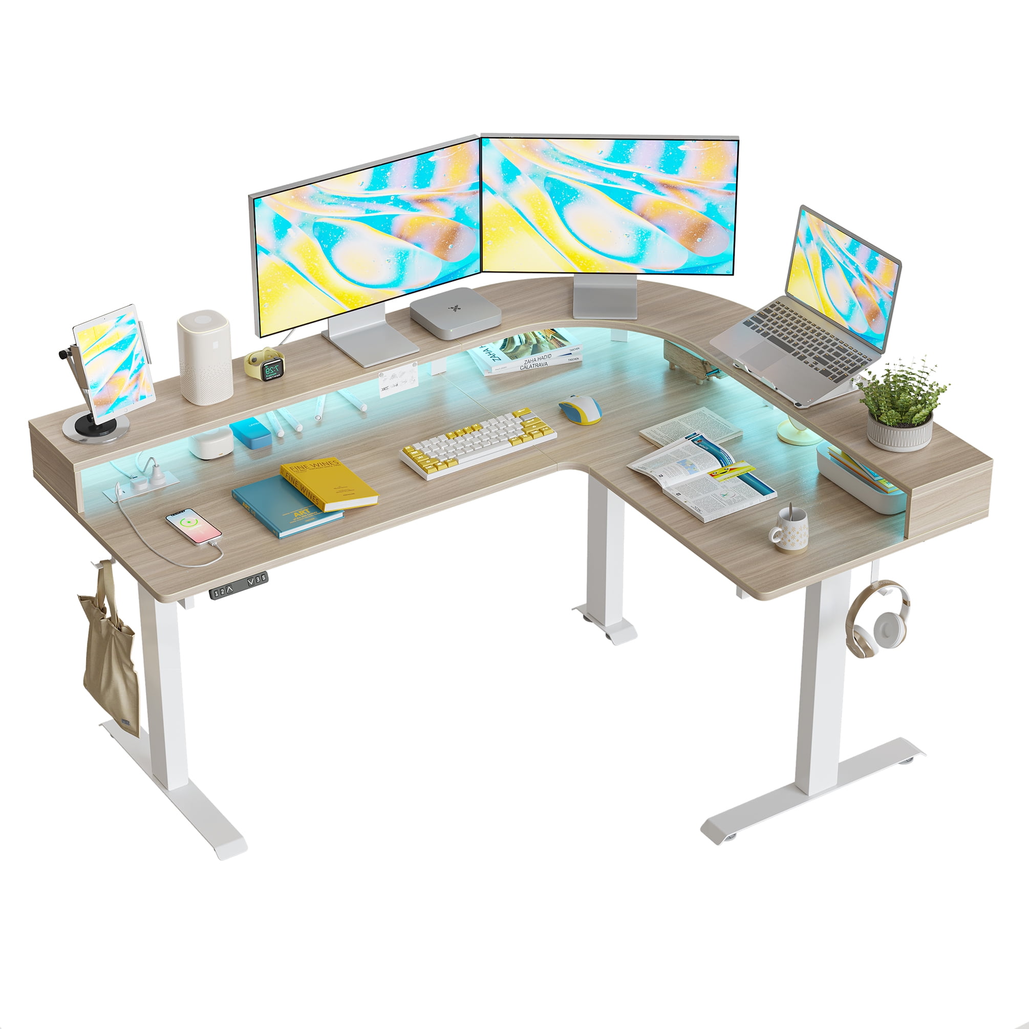 FEZIBO Triple Motor L Shaped Stadning Desk with LED Strip & Power ...