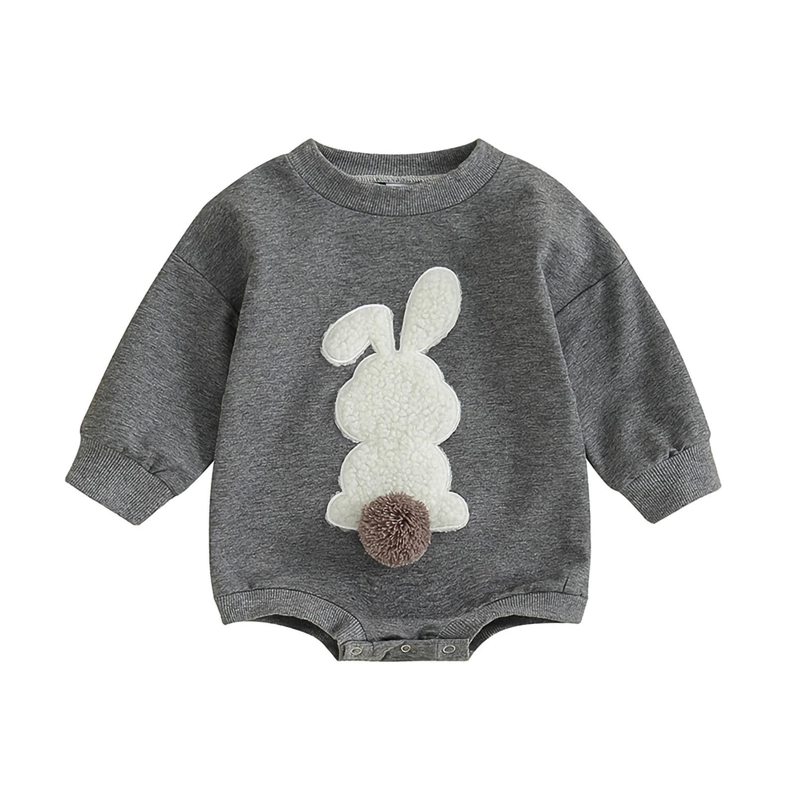 FFENYAN Easter Bunny Plush Embroidered Ribbed Romper with Long Sleeve ...