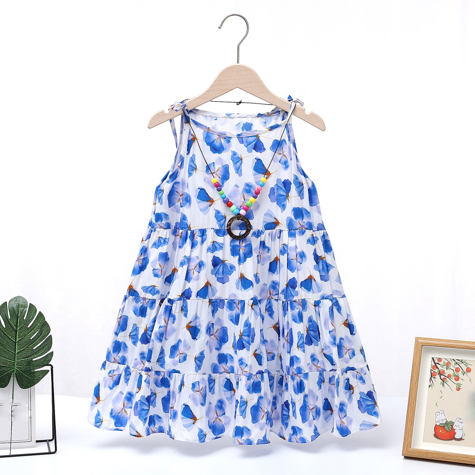 FFENYAN Girls Floral Print Cotton Strappy Sundress for Summer Beach ...
