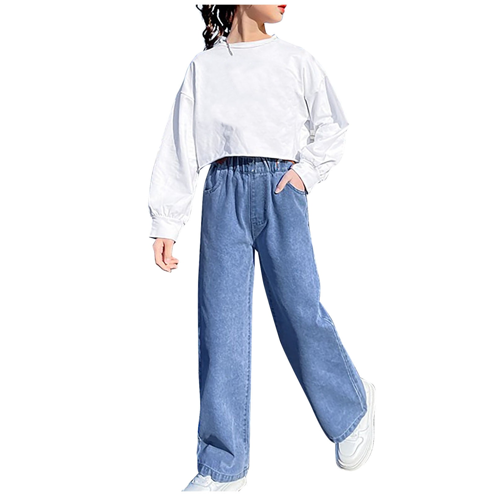 FFENYAN Girls Light Blue Denim Long Pants with Pockets - Basic Casual ...
