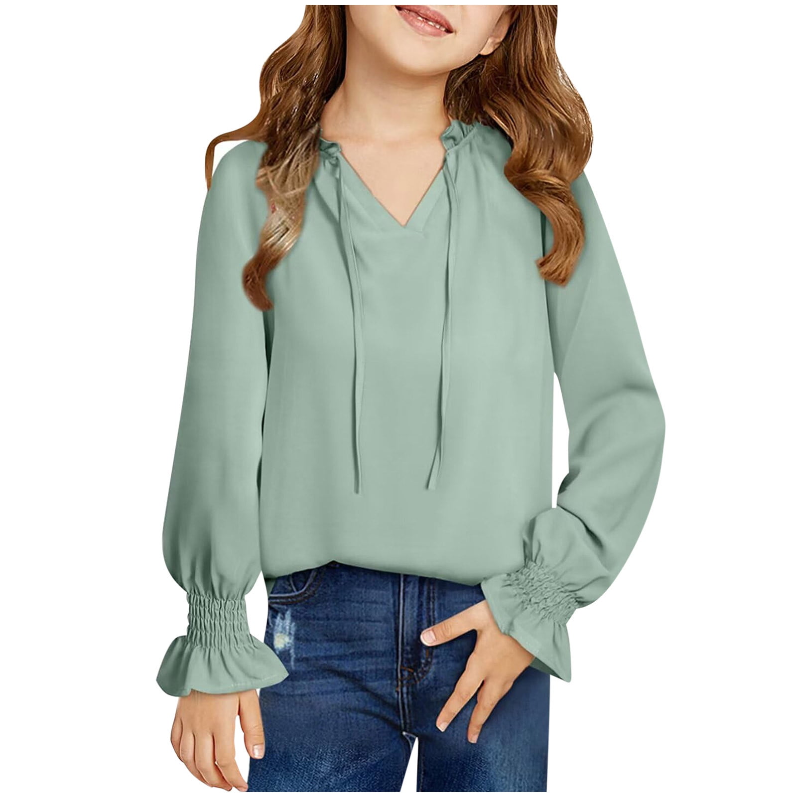 FFENYAN Girls V Neck Long Sleeve Blouse with Ruffled Tie Front and Puff ...